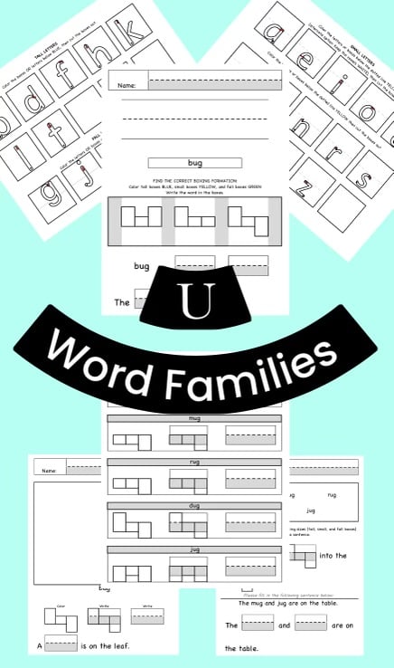 CVC 'U' Word Families using boxing for letters and color