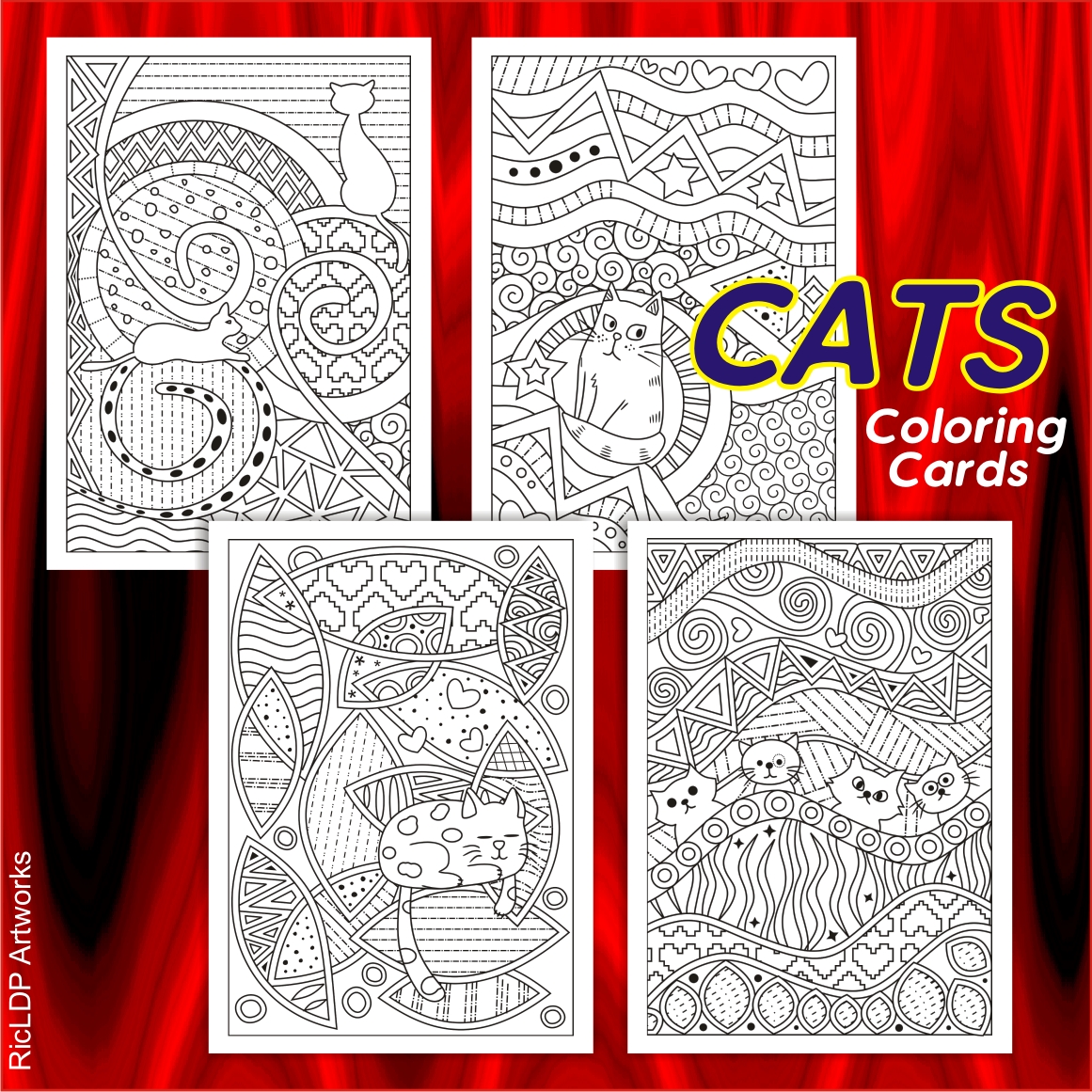 Cats Zentangle Art Coloring Cards - A Printable Set of 8 for Relaxation ...