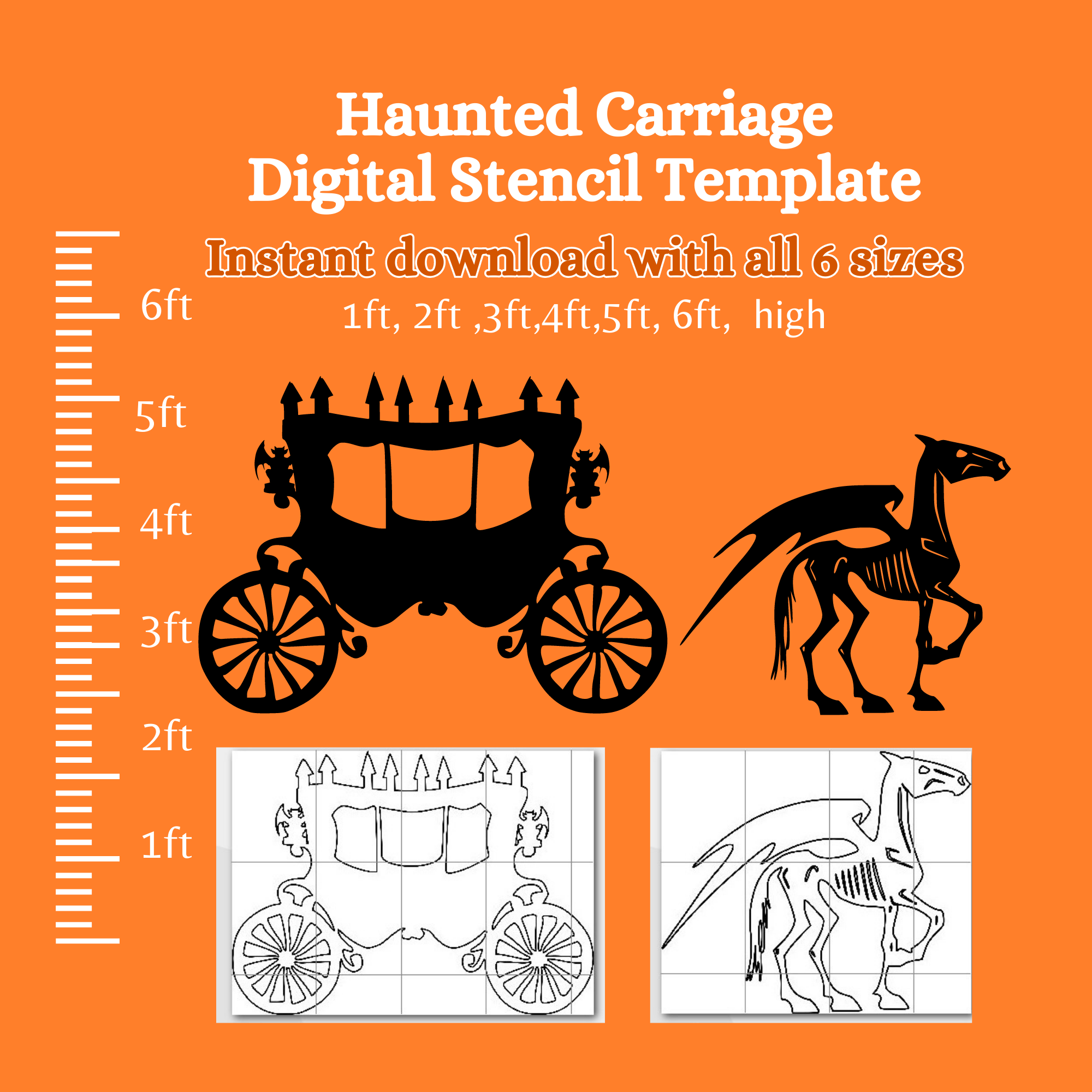 Spooky Halloween Haunted carriage pdf template, silhouette Witch on a ...