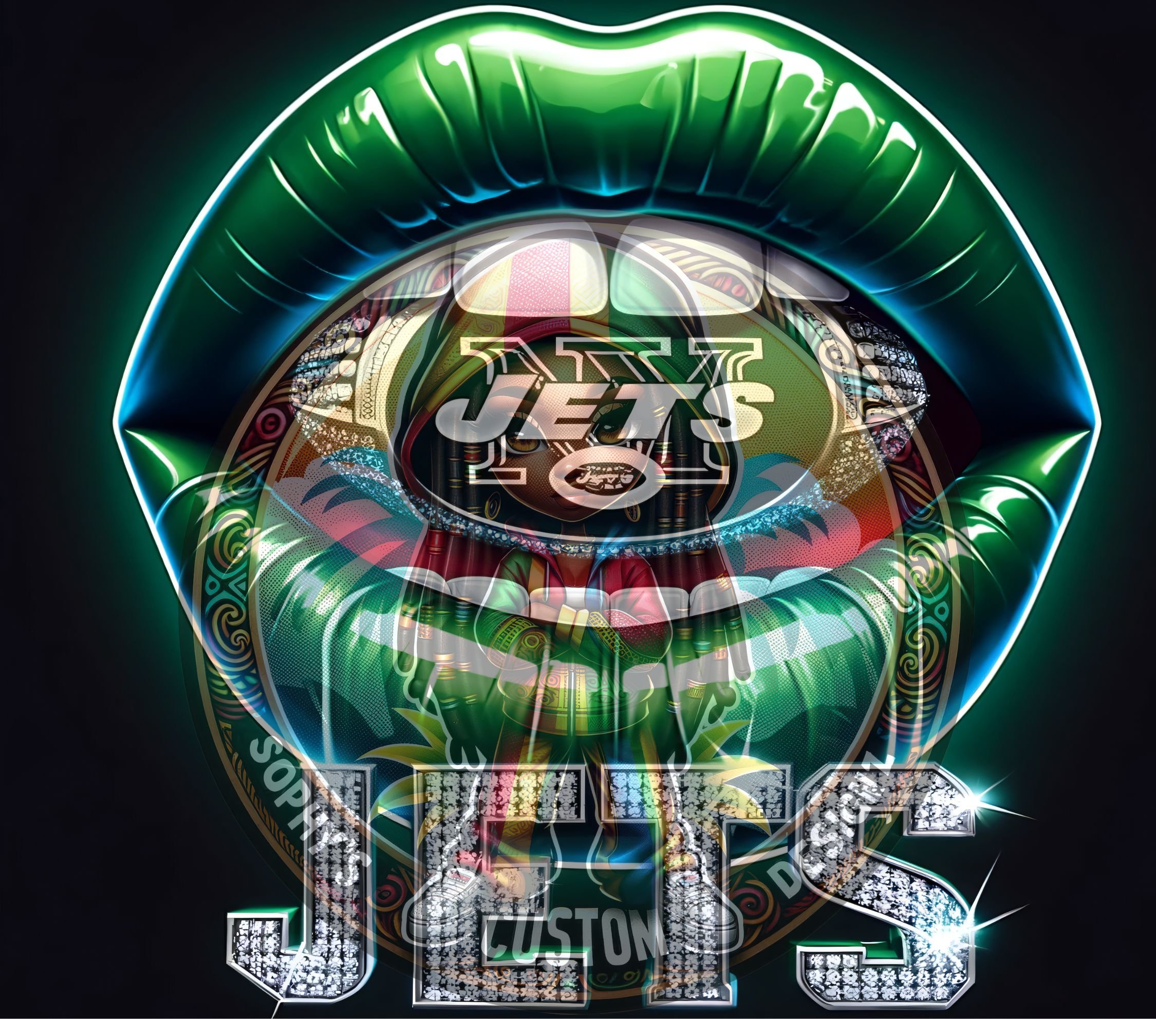 Vibrant Neon Lips & Gem-Encrusted Emblem Tumbler Wrap - 20 oz PNG (Jets)