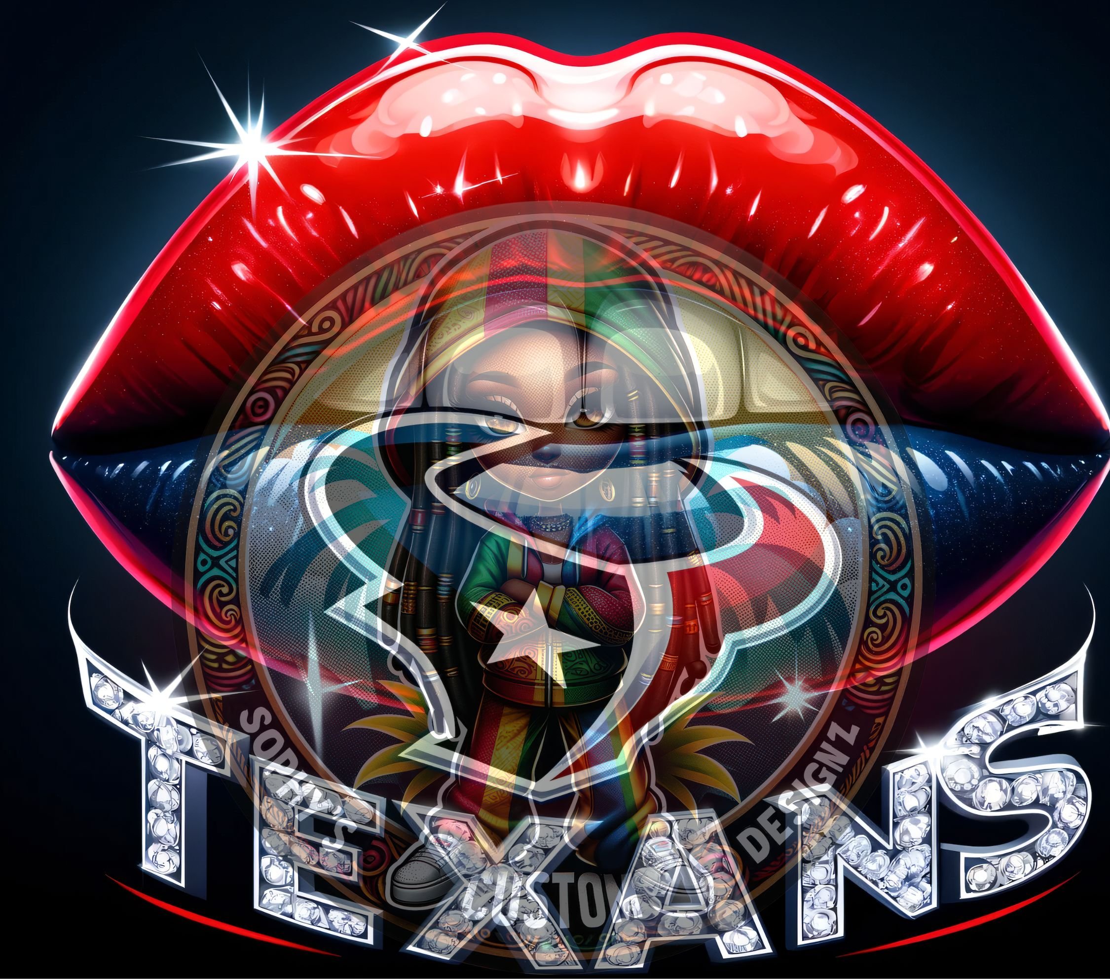 Vibrant Neon Lips & Gem-Encrusted Emblem Tumbler Wrap - 20 oz PNG (Texans)