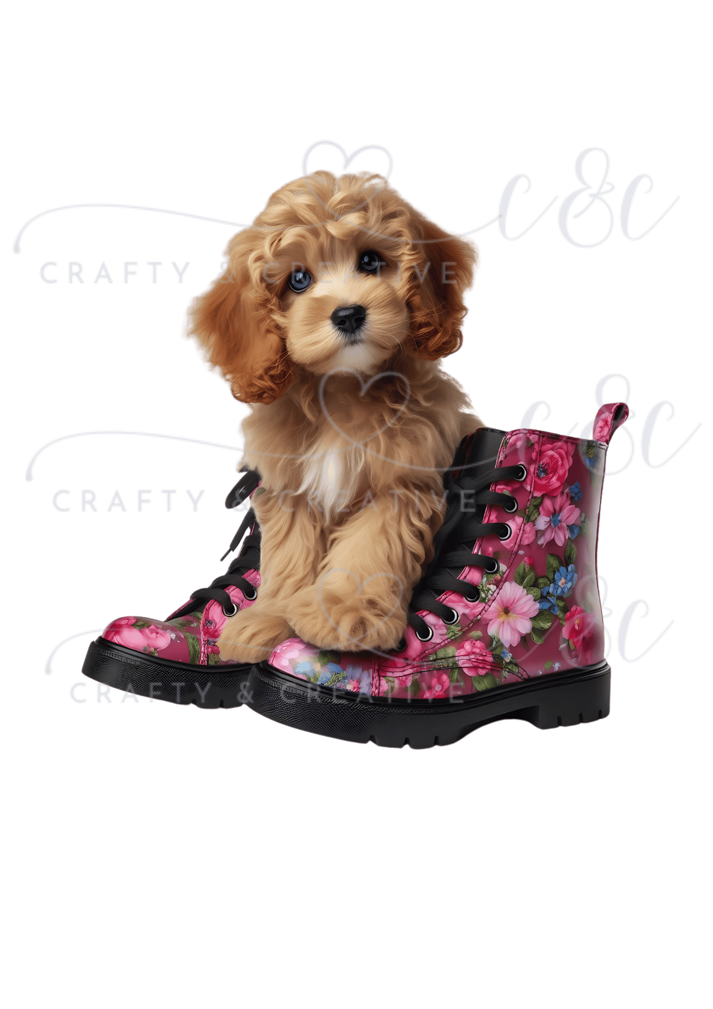 Cockapoo sitting on a pair of flowered army boots. Clipart - Payhip
