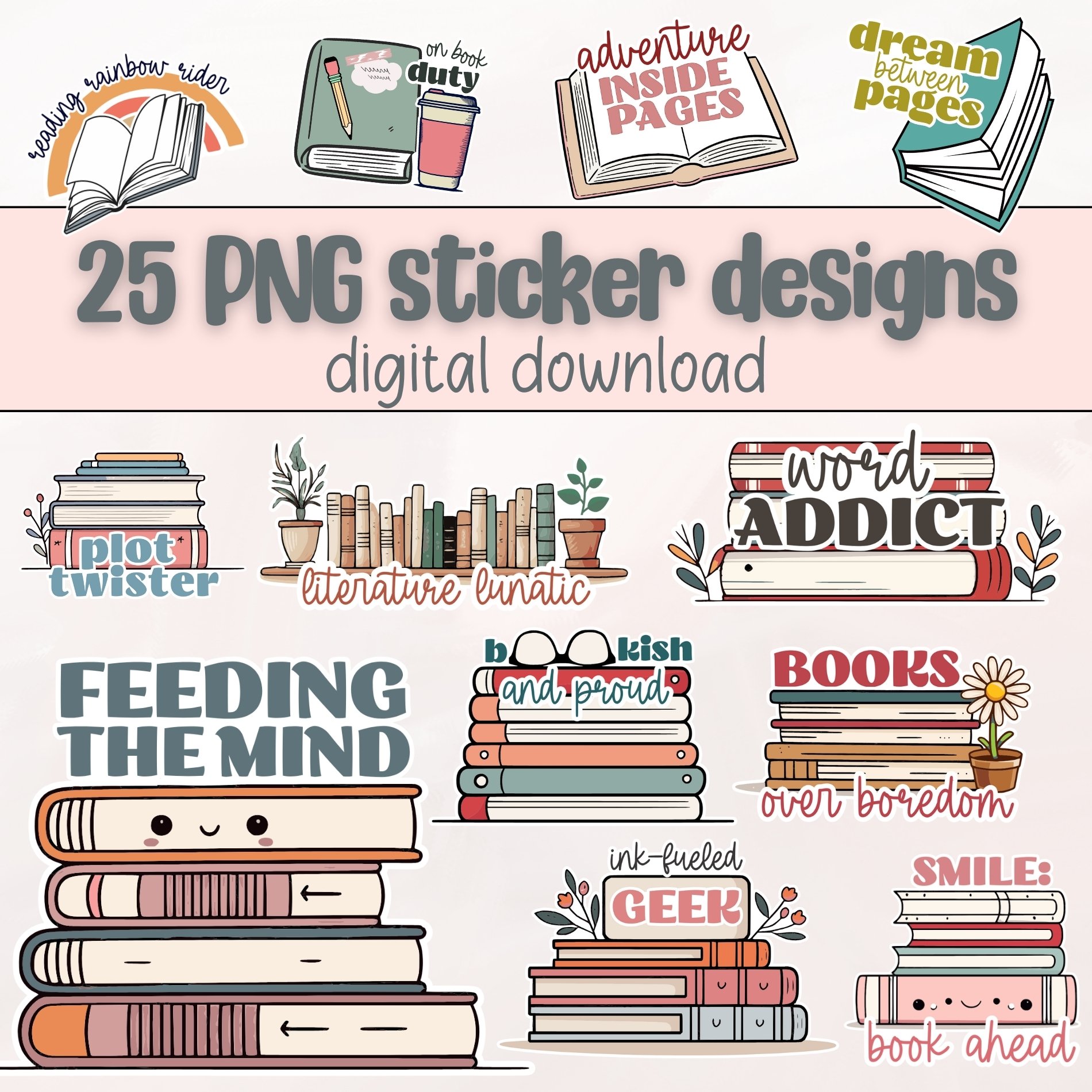 Love Reading Stickers, Digital Bookish Stickers, Printable Stickers ...