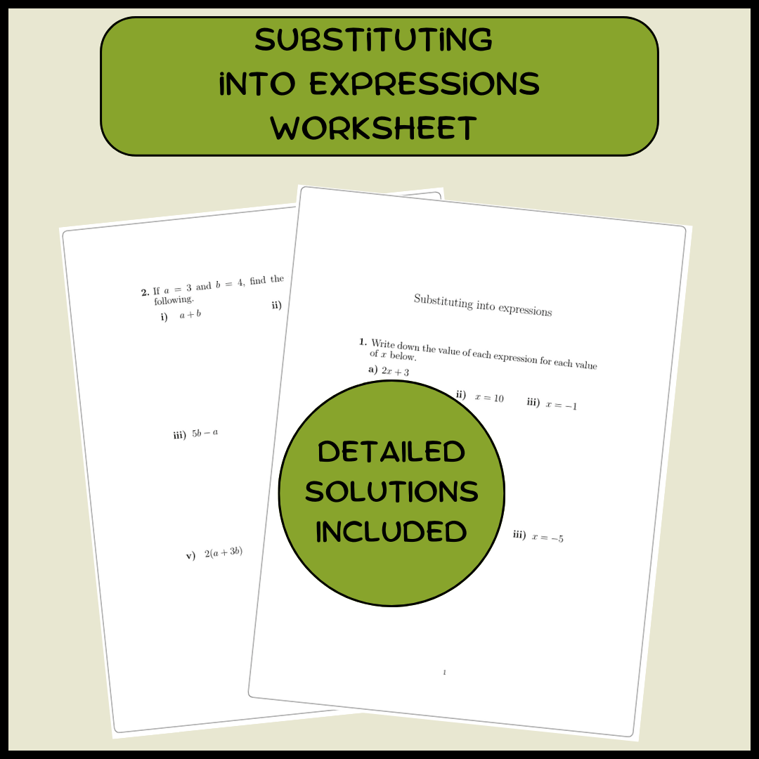 Substituting into expressions worksheet (with solutions)