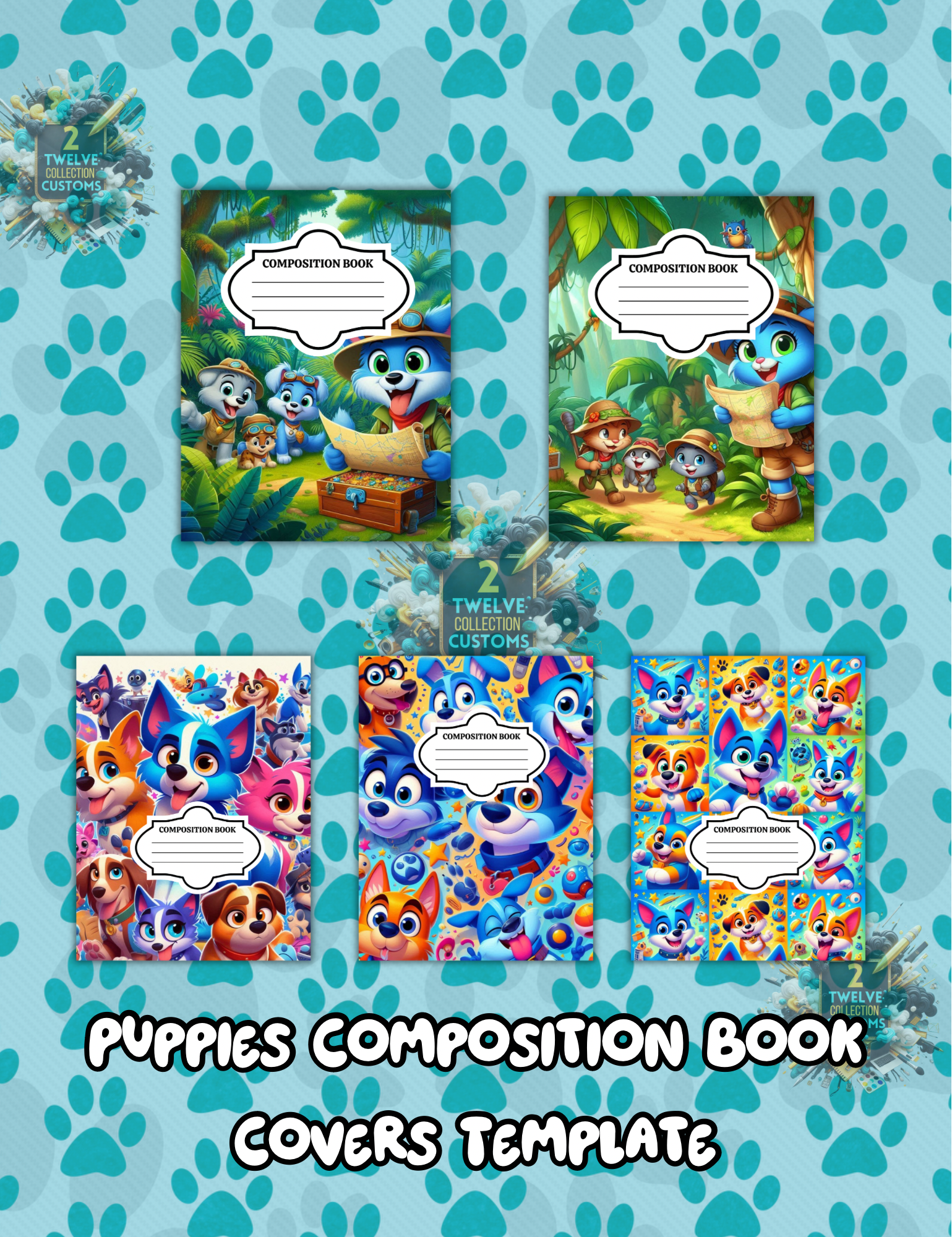 Puppies Composition Book Covers Canva Template 5 Pack - Payhip