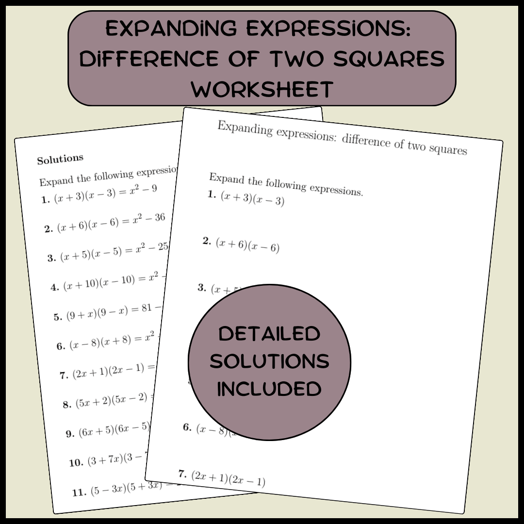 Expanding expressions: difference of two squares worksheet (with solutions)