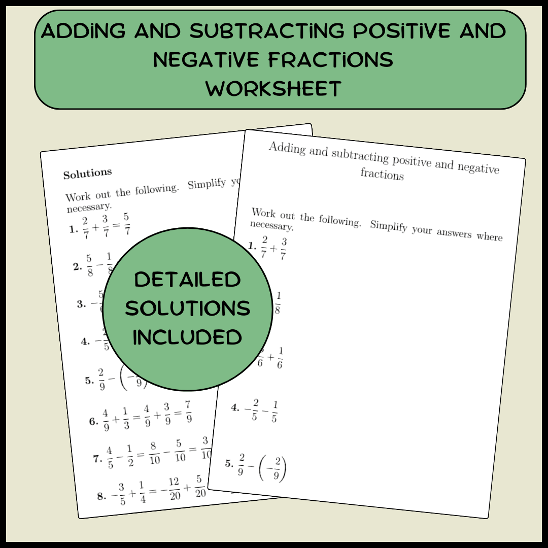 Adding and subtracting positive and negative fractions worksheet (with ...