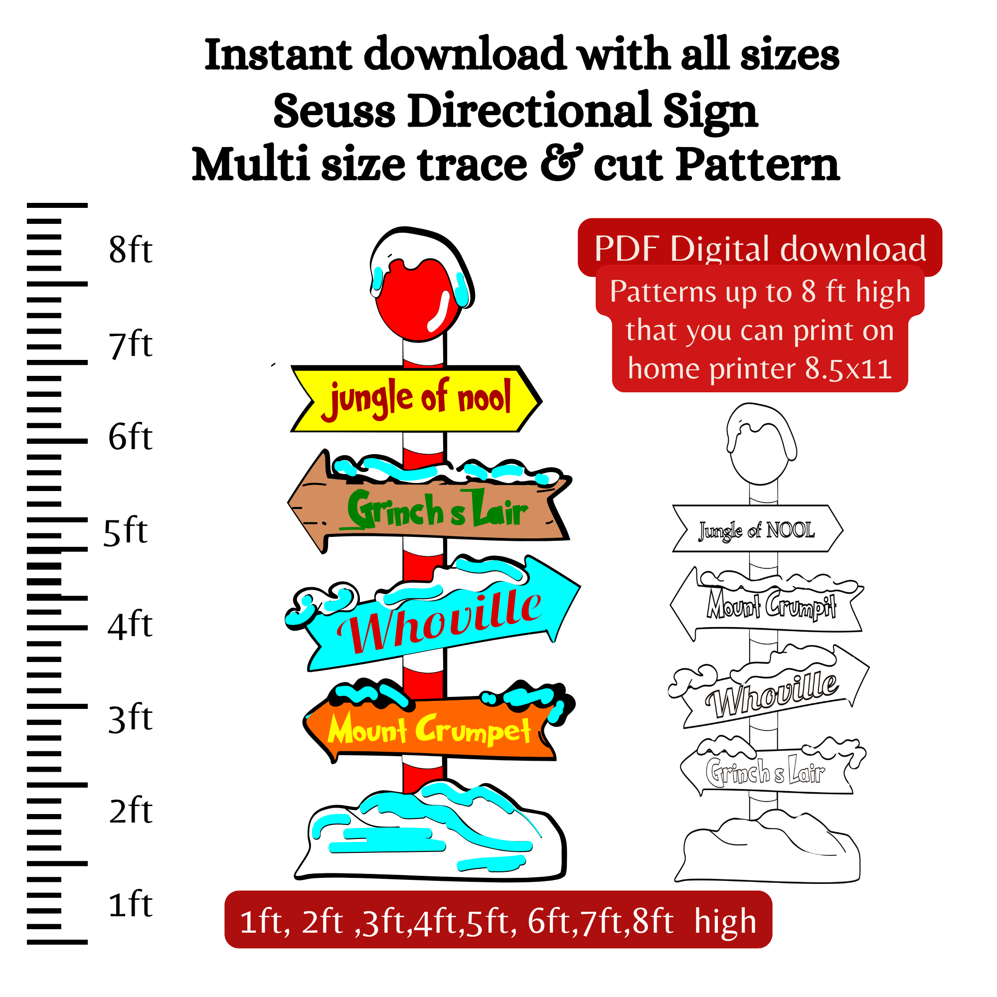 Whoville direction sign , whosetown people ,traceable pattern, 1ft 2ft ...