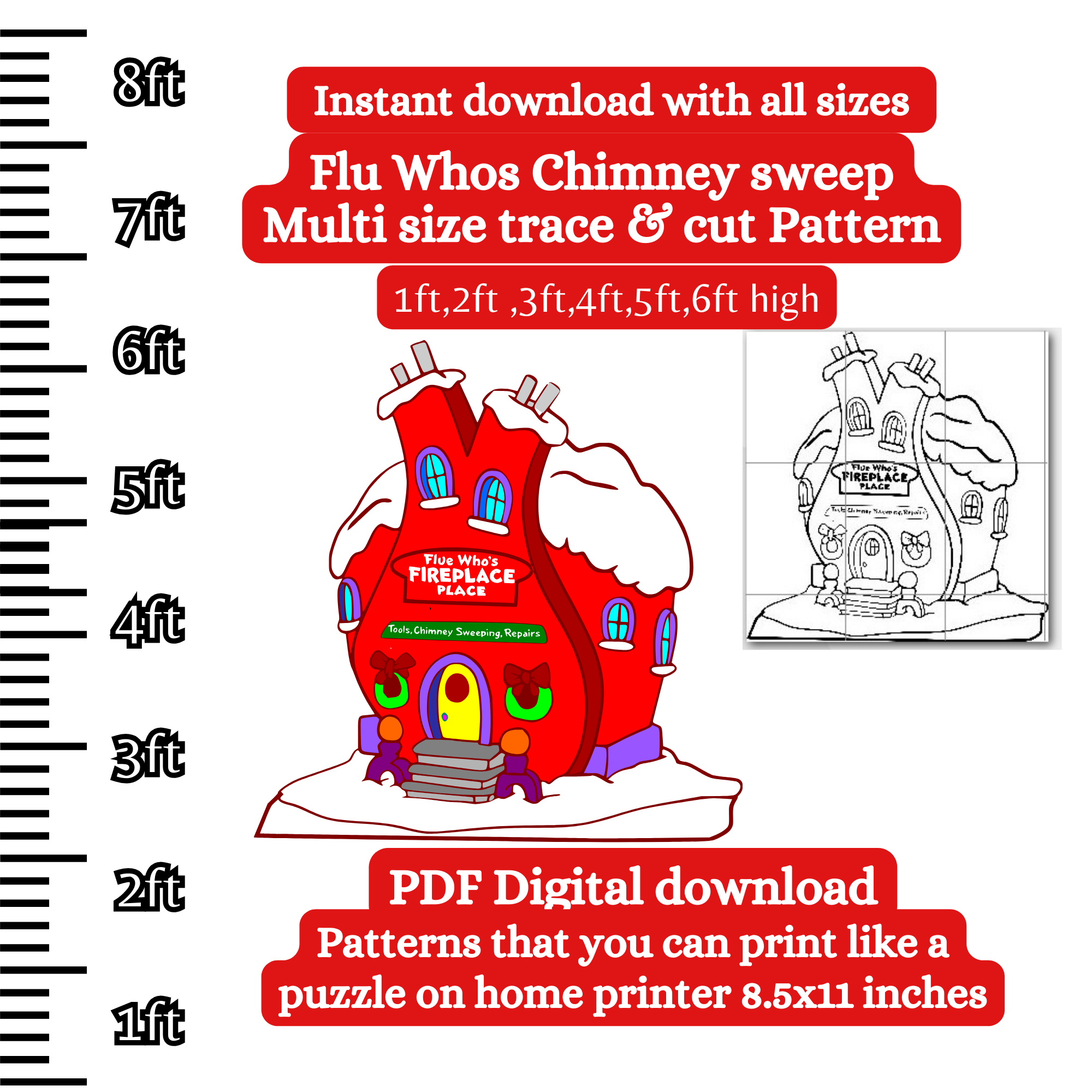 Whoville house home, mean one ,traceable pattern, 1ft 2ft 3ft 4ft, 5ft ...