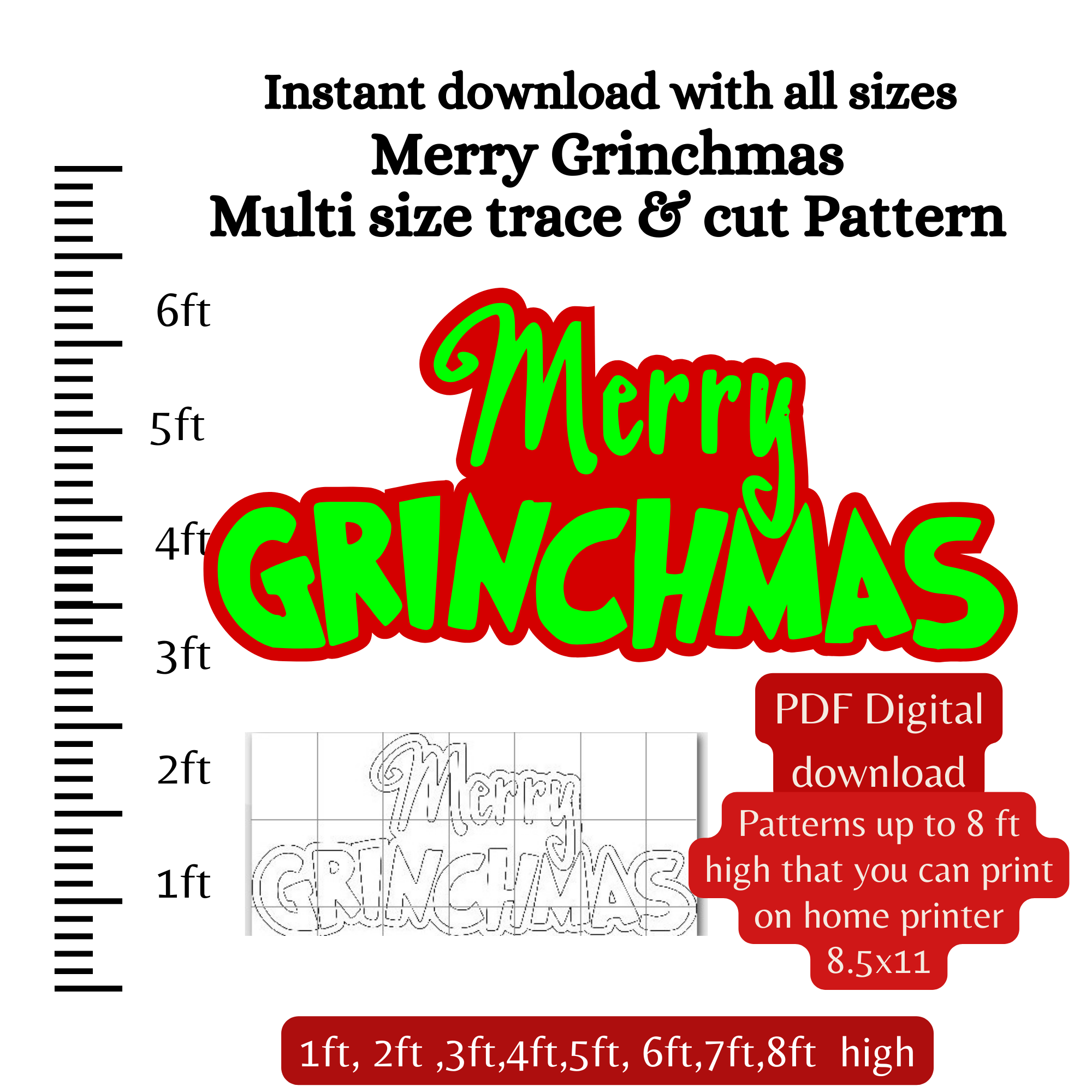 Whoville Merry Grinchmas sign, mean one ,traceable pattern, 1ft 2ft 3ft ...