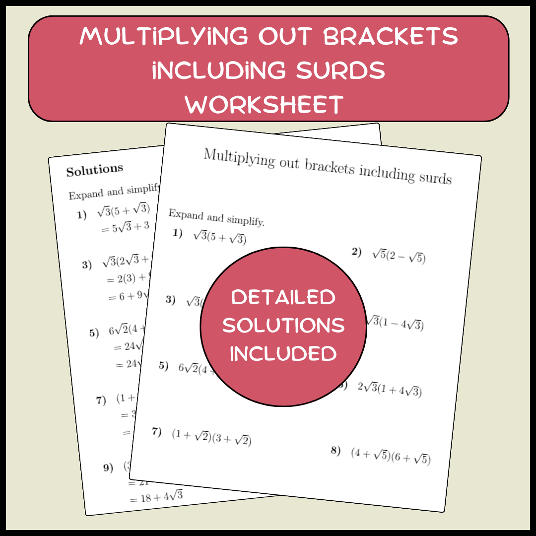 Multiplying out brackets including surds worksheet (with solutions)