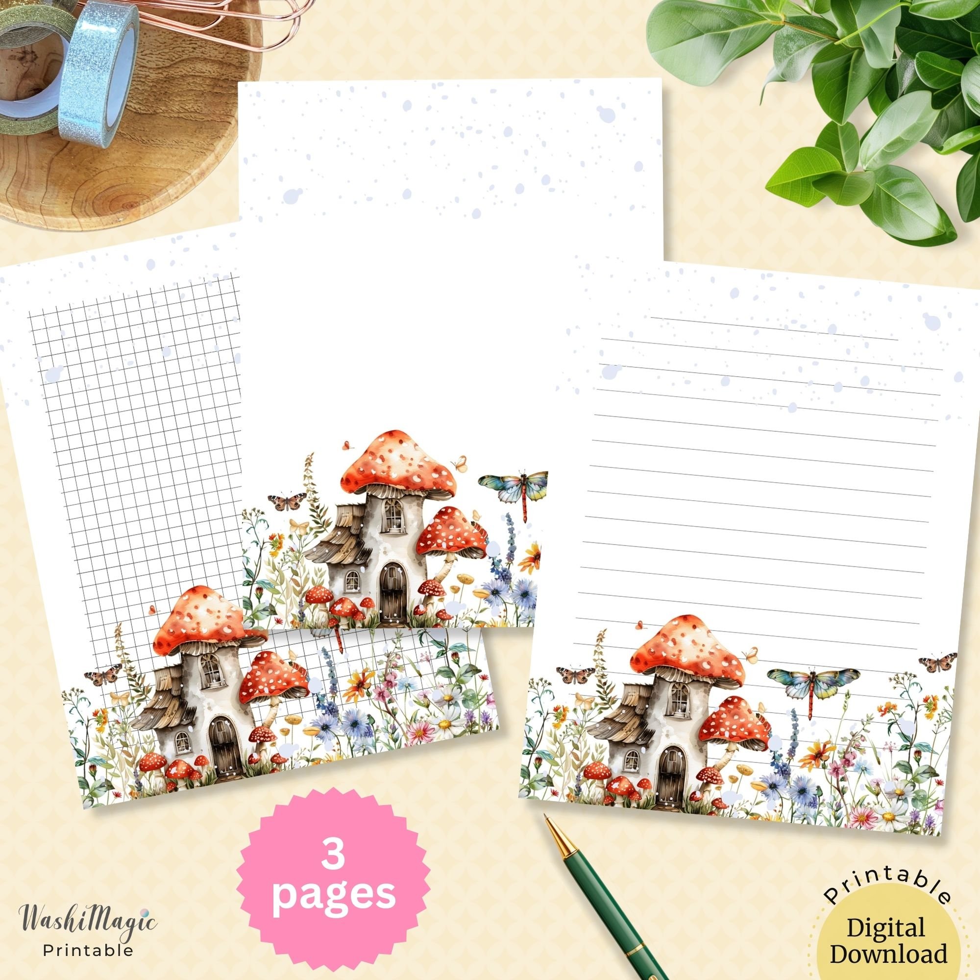 Mushroom House Wildflower Printable Stationery Notebook Paper Set - Payhip