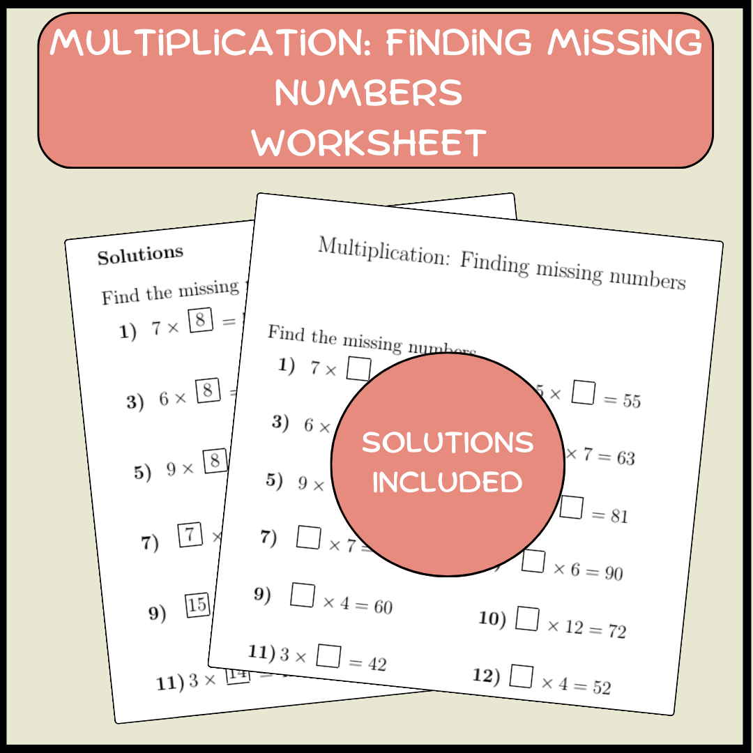 Multiplication: Finding missing numbers worksheet (with solutions)