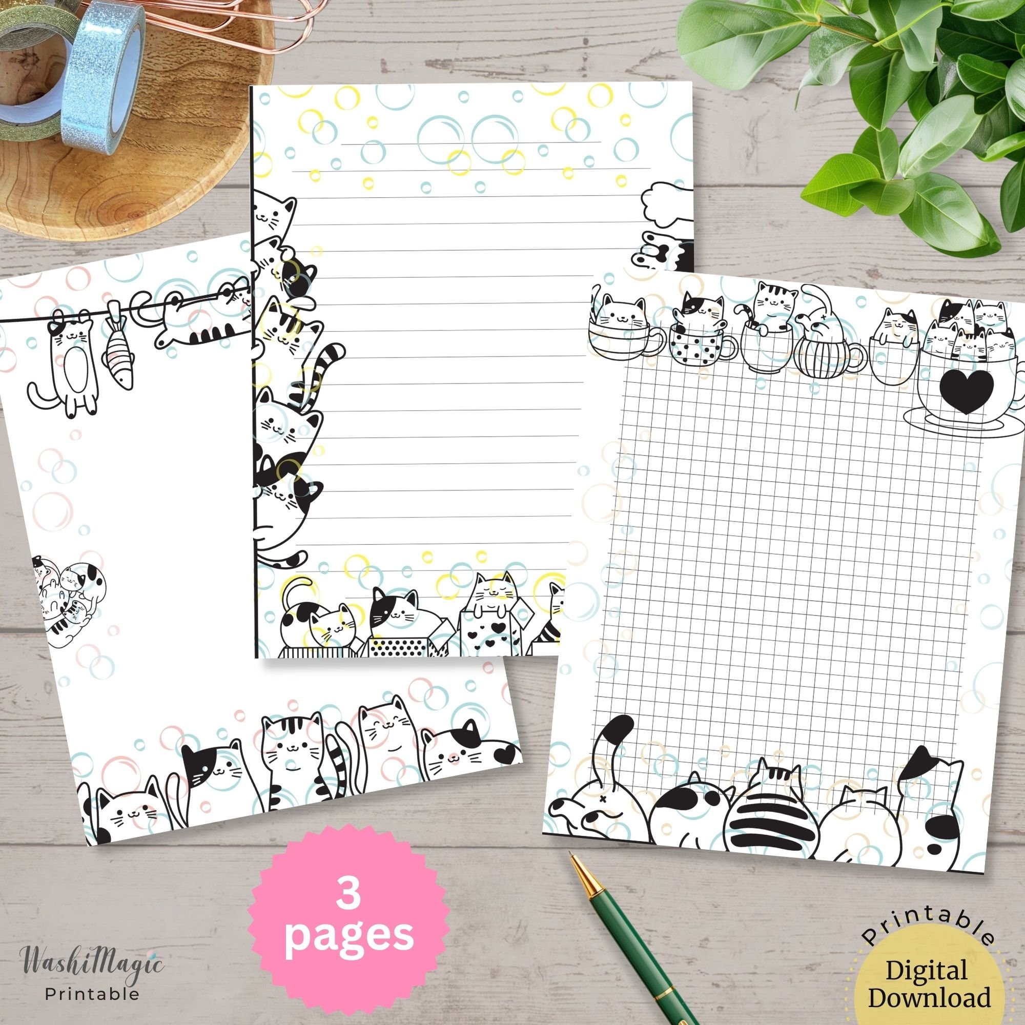 Cute Cats Black & White Coloring Stationery Paper Set Printable, Pen ...