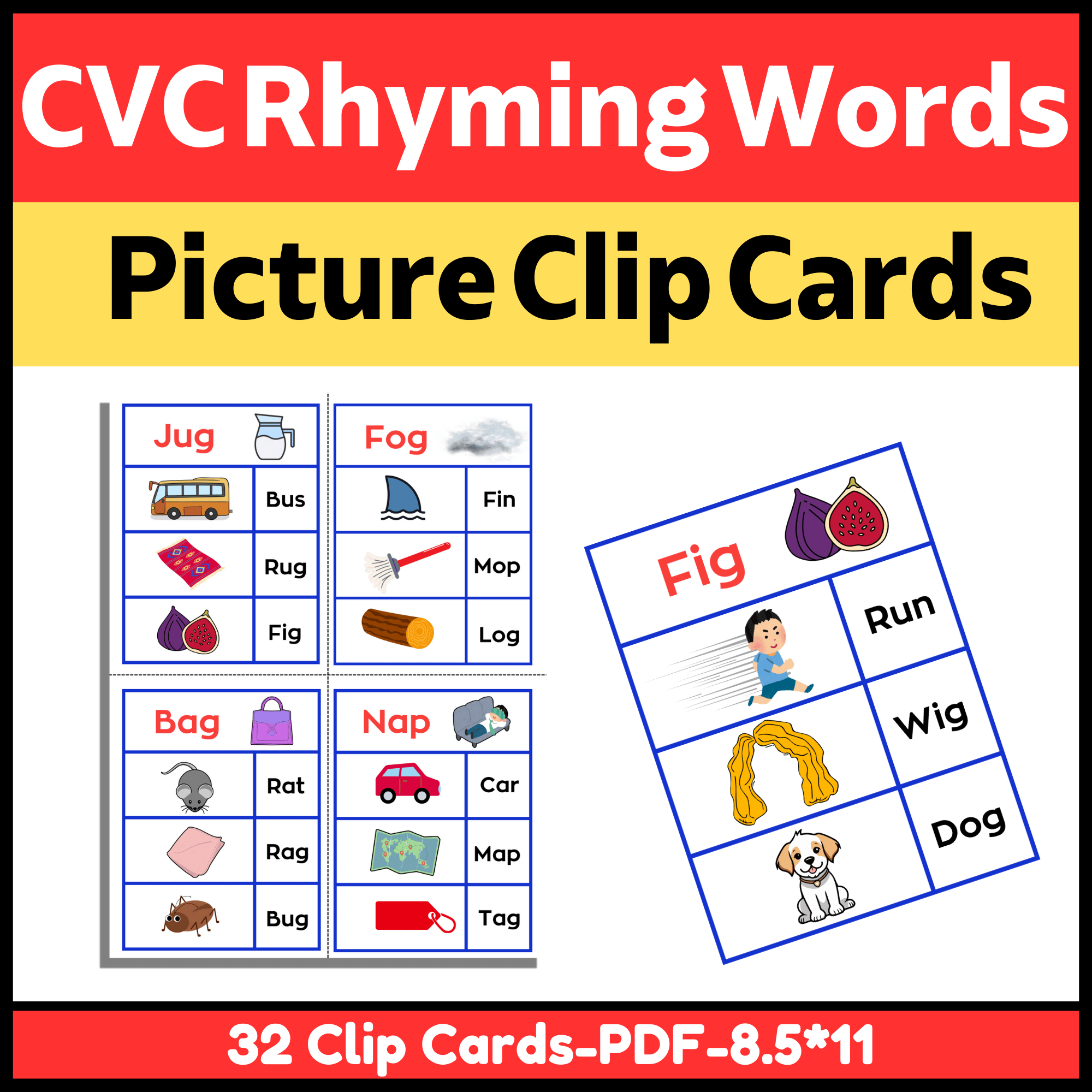 CVC Rhyming Words Picture Clip Cards-CVC Picture Cards-CVC Games - Payhip