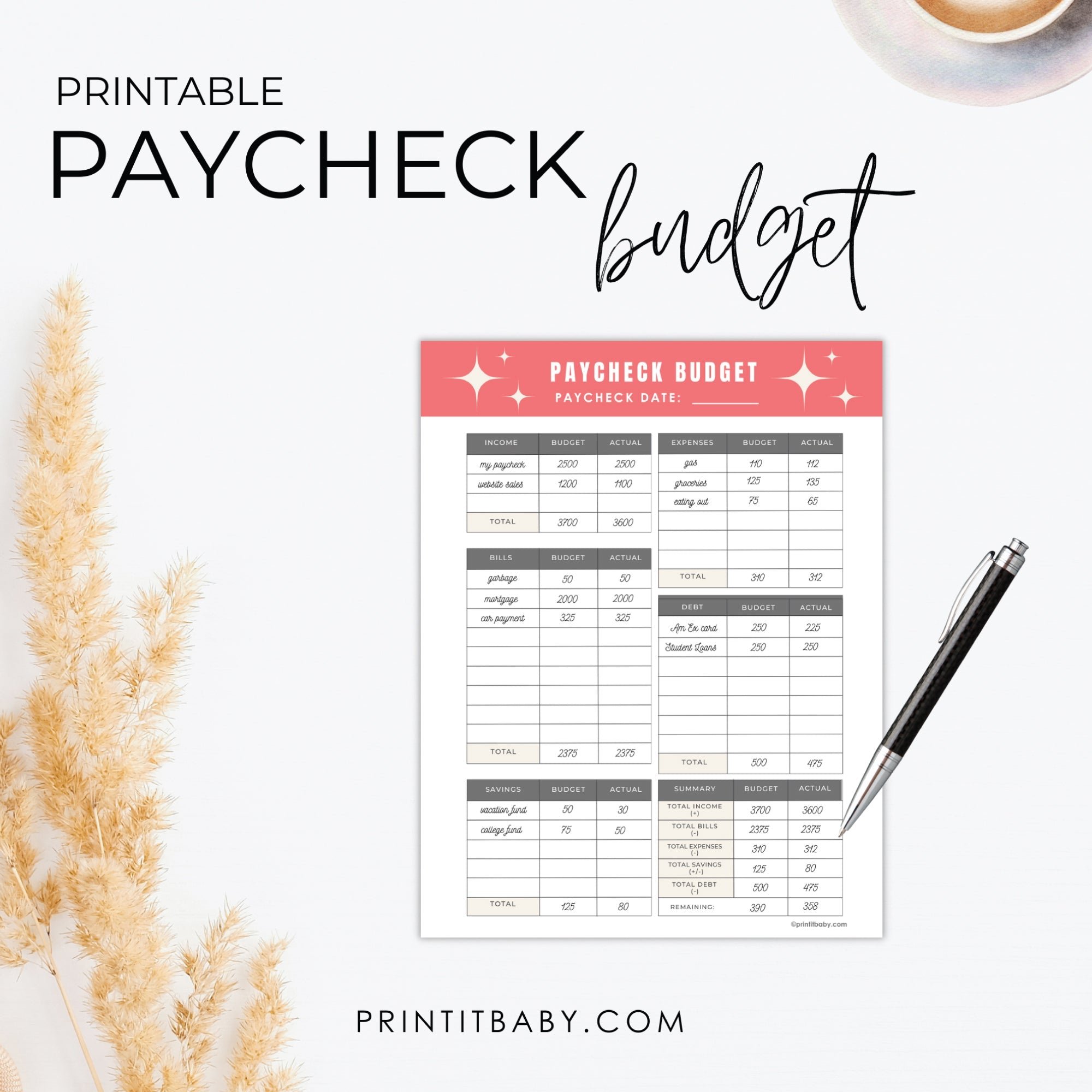 FREE Printable Paycheck Budget Planner Sheet - 8.5x11"