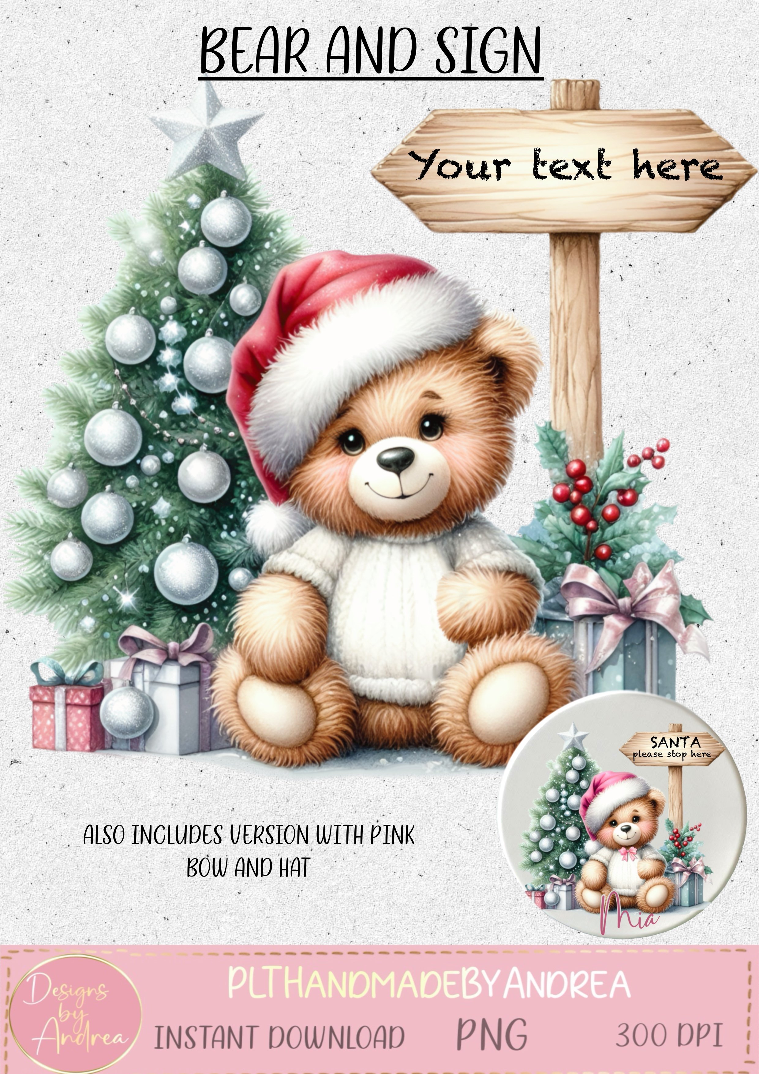 Adorable Teddy with Christmas tree and wooden sign. Girl & boy version ...