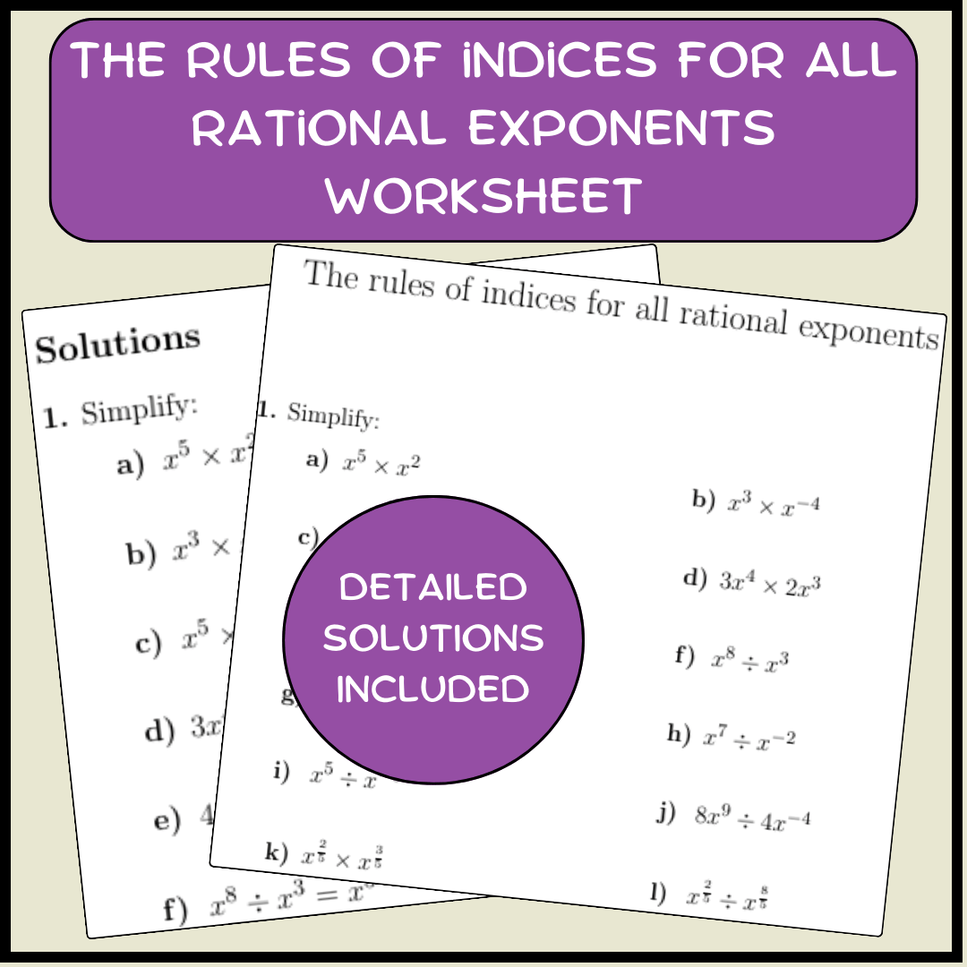 The rules of indices for all rational exponents worksheet (with solutions)