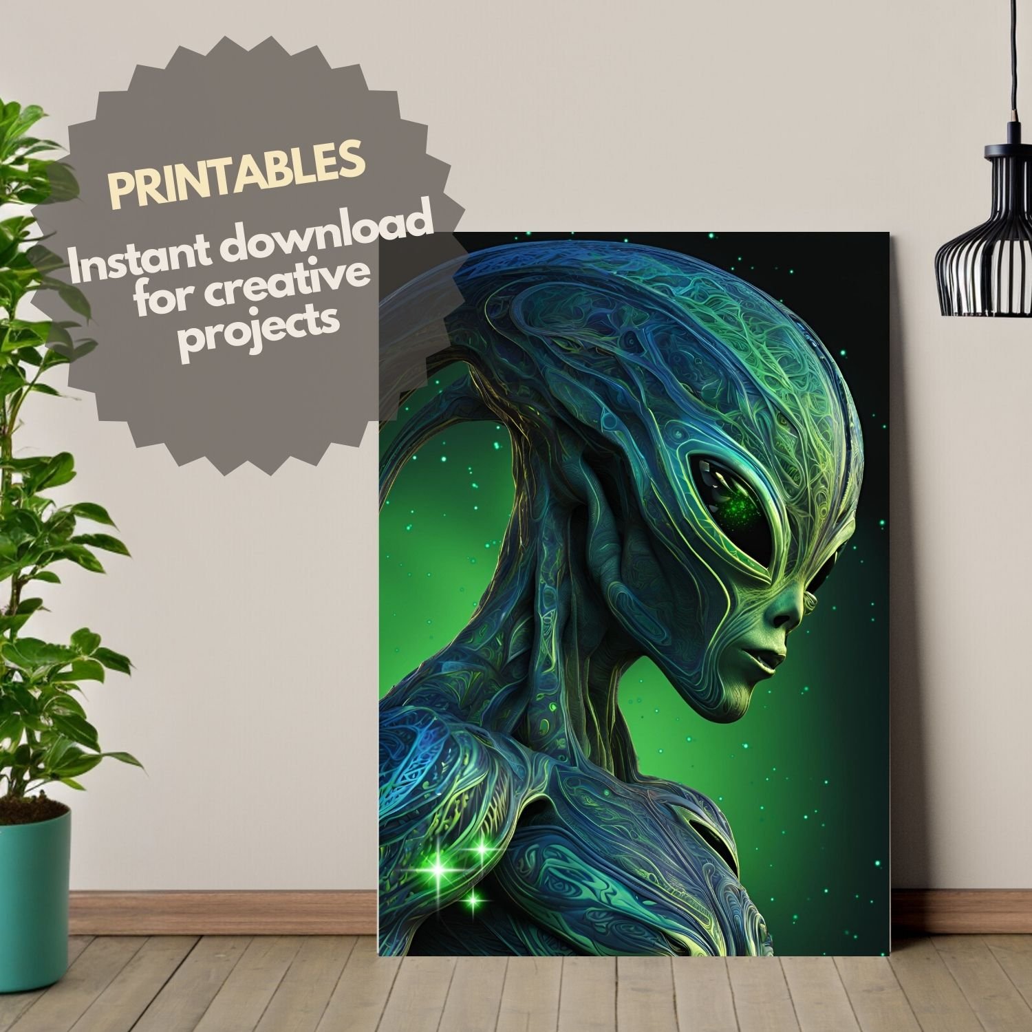 Green Alien portrait poster printable teenager decor christmas gifts wall art space monster - Payhip