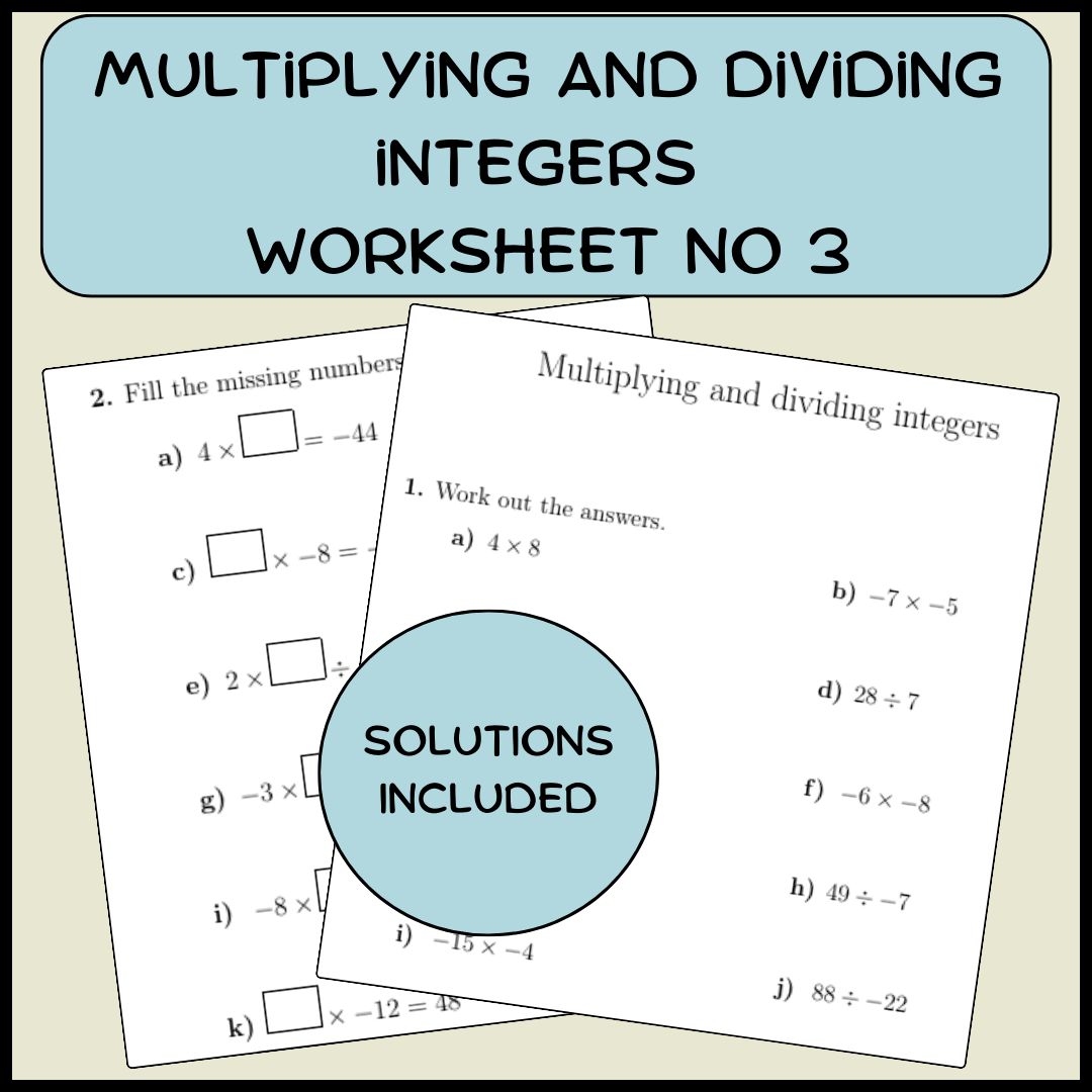 Multiplying and dividing integers worksheet no 3 (with answers)