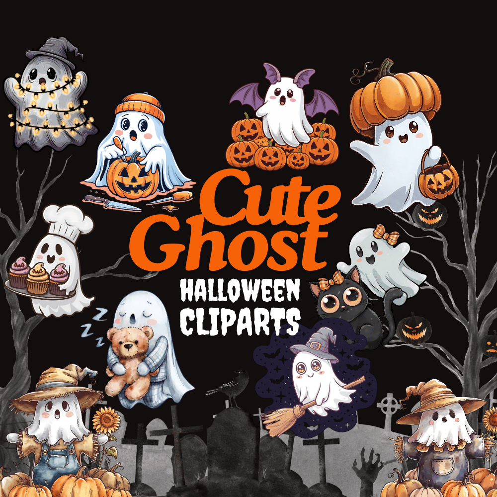 12 Cute Ghost Halloween Clipart Pack Download - Payhip