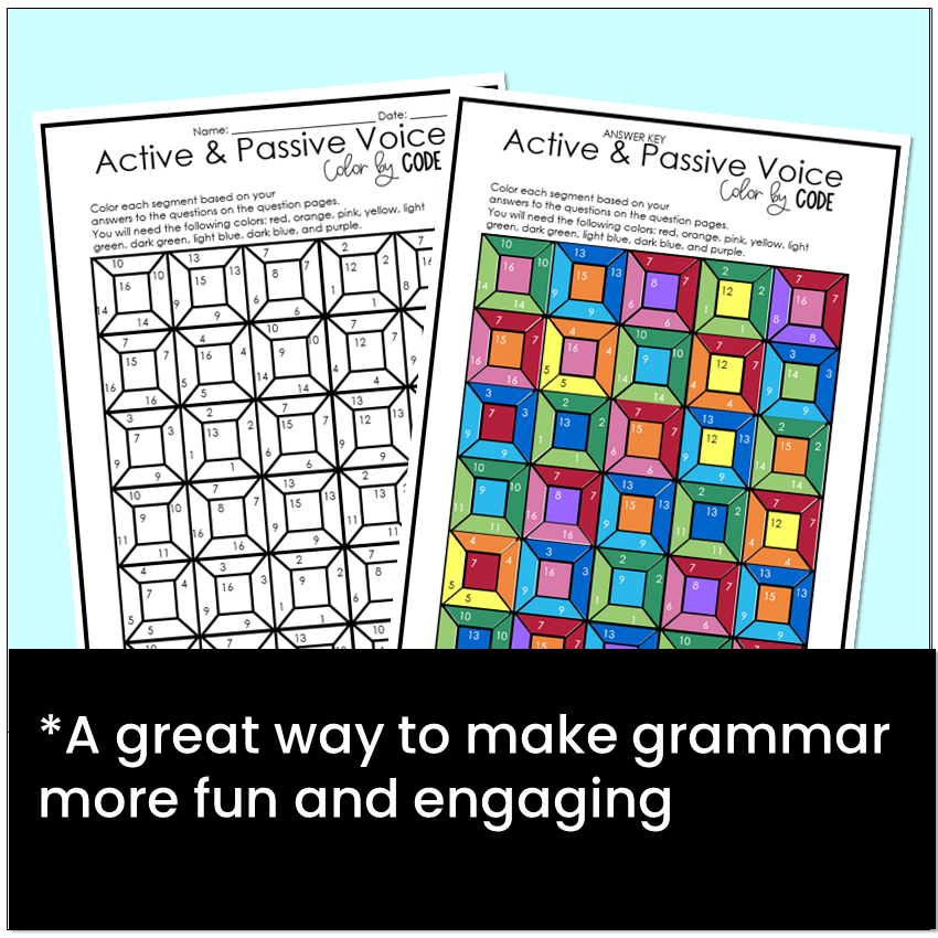 Fun Active and Passive Voice Color by Code 8th Grade Grammar Activity