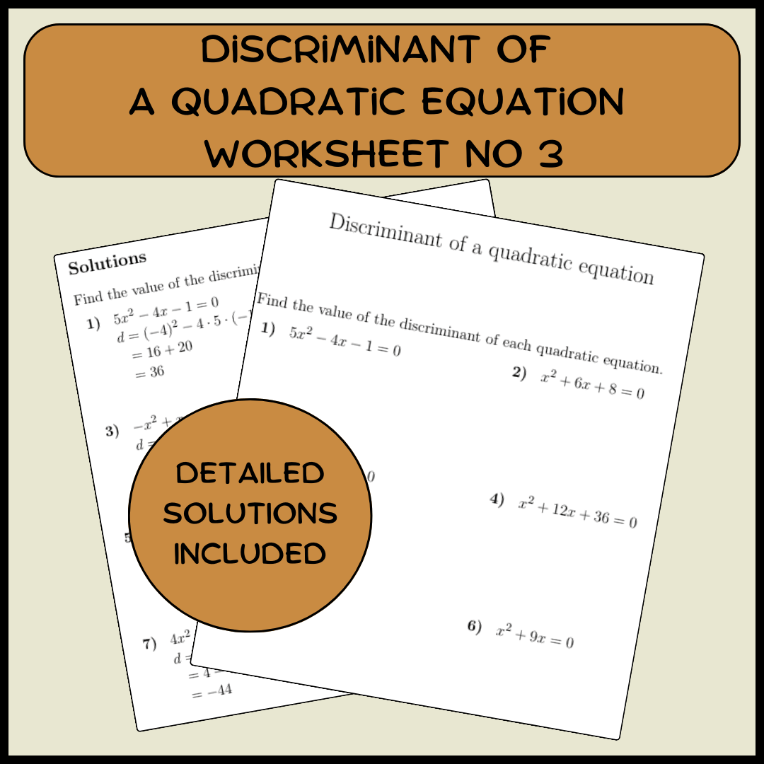 Discriminant of a quadratic equation worksheet no 3 (with solutions)