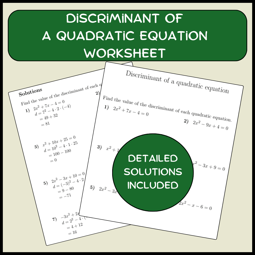 Discriminant of a quadratic equation worksheet (with solutions)