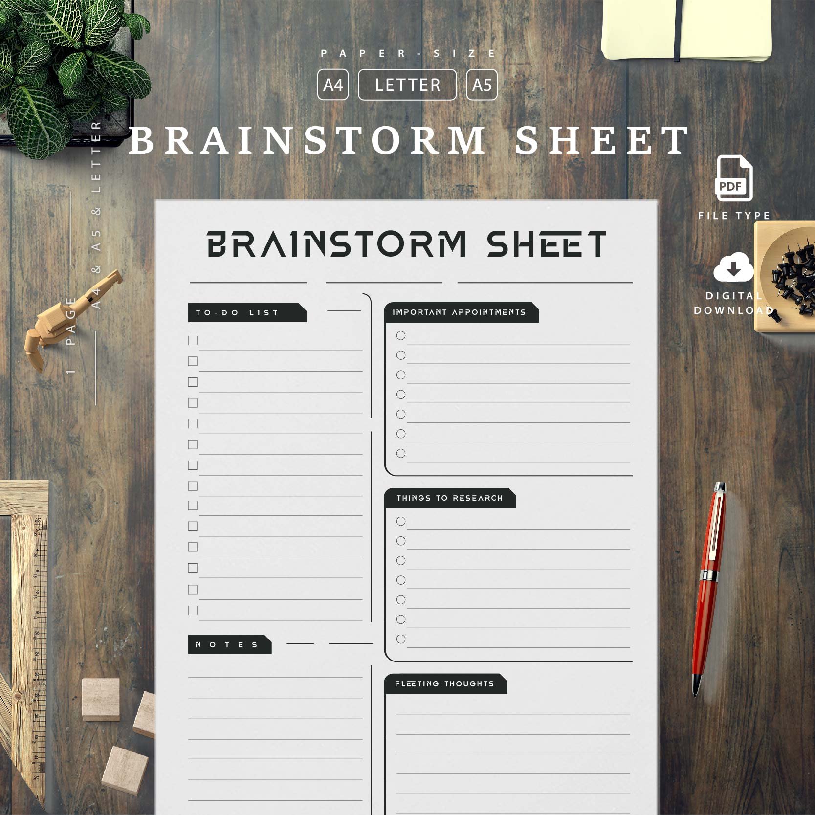 Brainstorm Sheet Planner Design A4, Letter, A5