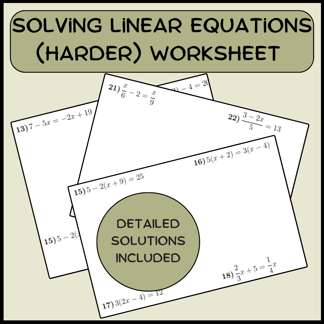 Solving linear equations (harder) worksheet (with solutions)