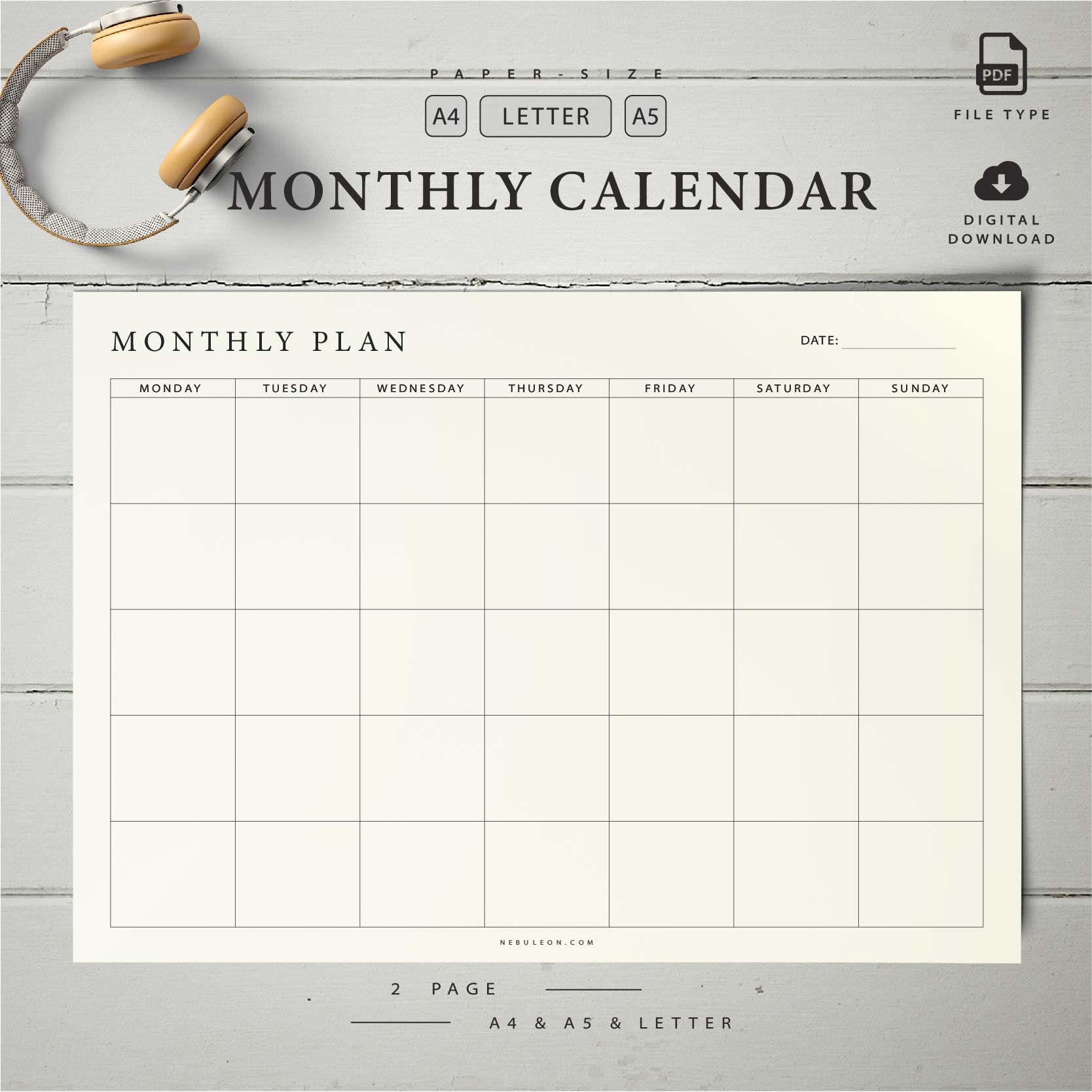 Monthly Calendar Planner Design A4, Letter, A5 Modern