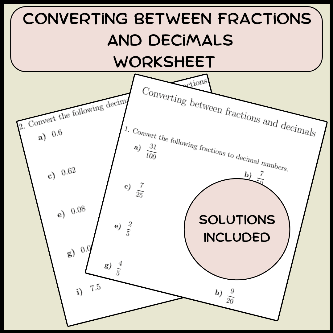 Converting between fractions and decimals worksheet (with solutions)