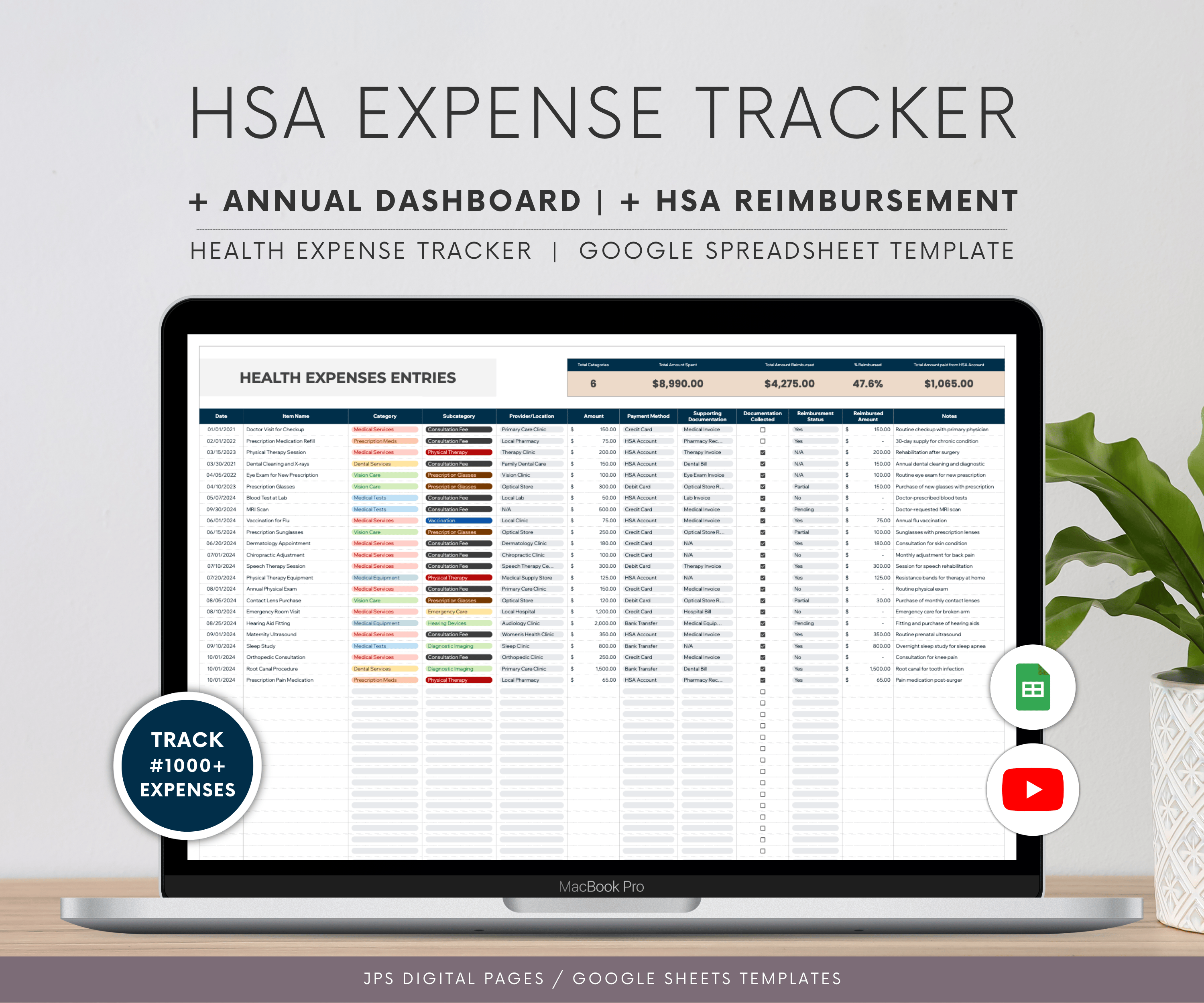 HSA Health Expenses Tracker & Annual Dashboard Spreadsheet