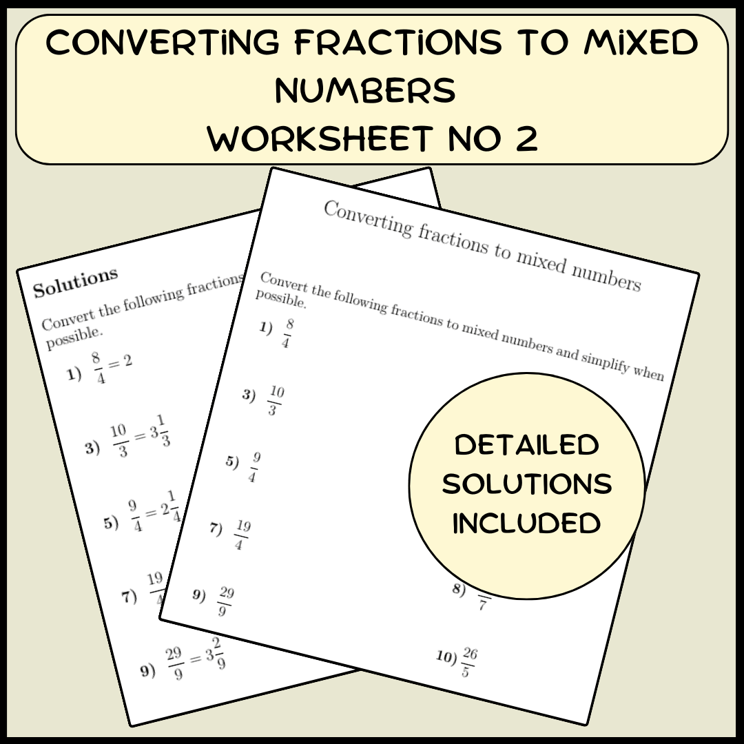 Converting fractions to mixed numbers worksheet no 2 (with solutions)