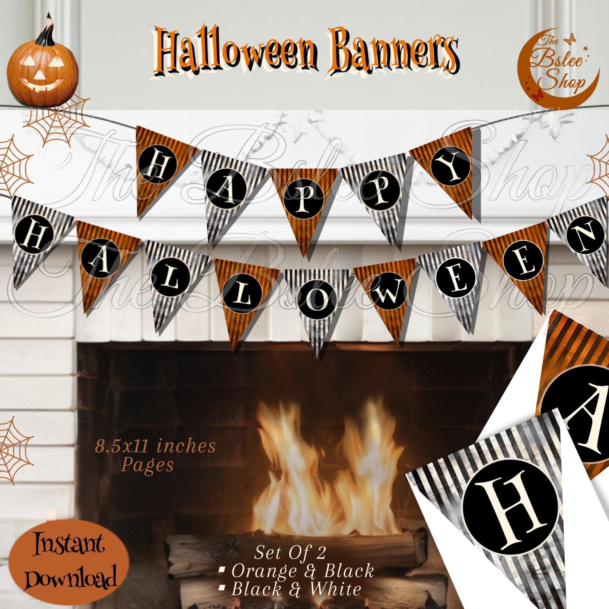 Happy Halloween Banners, DIY Party Sign, Orange Banner, Black And White ...