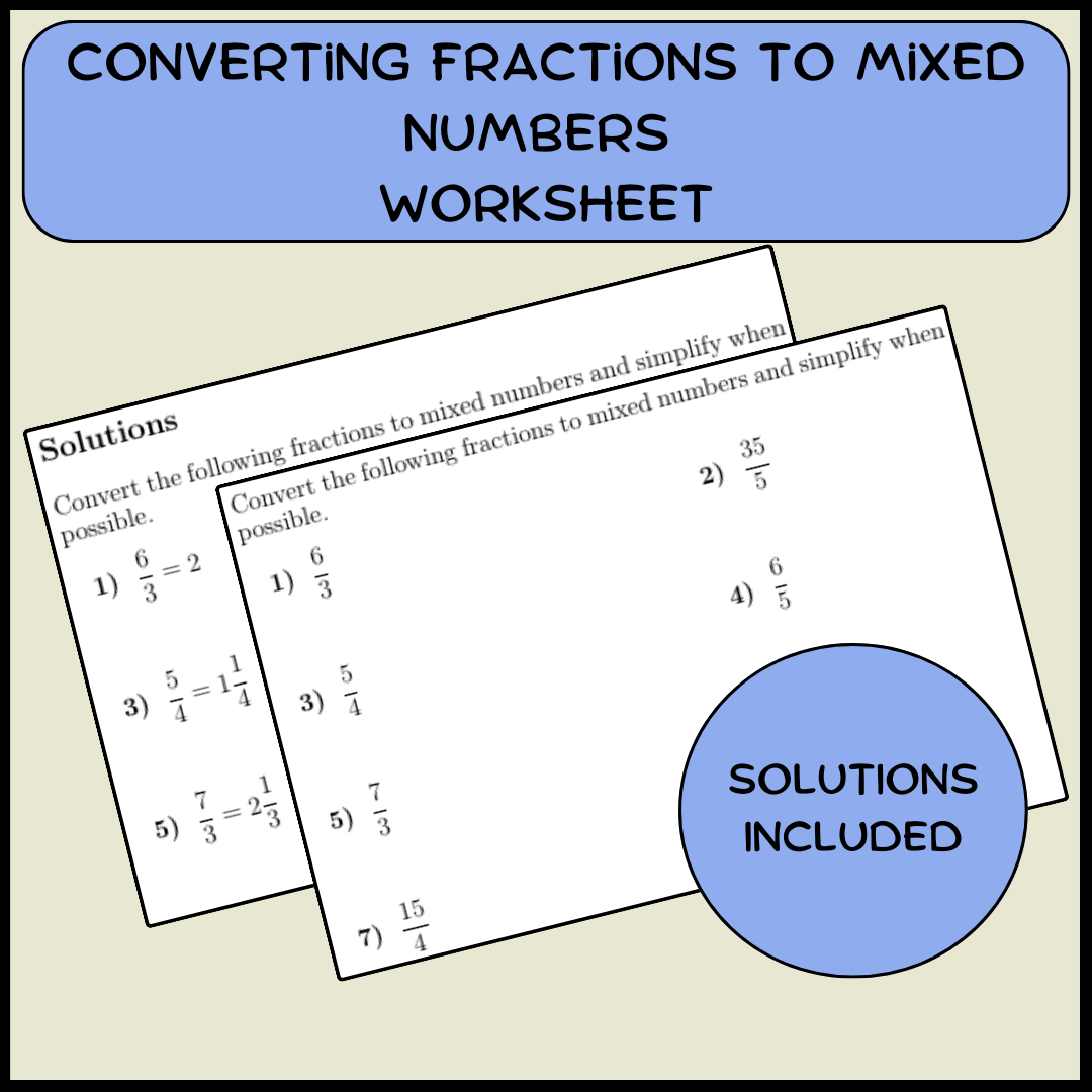 Converting fractions to mixed numbers worksheet (with solutions)