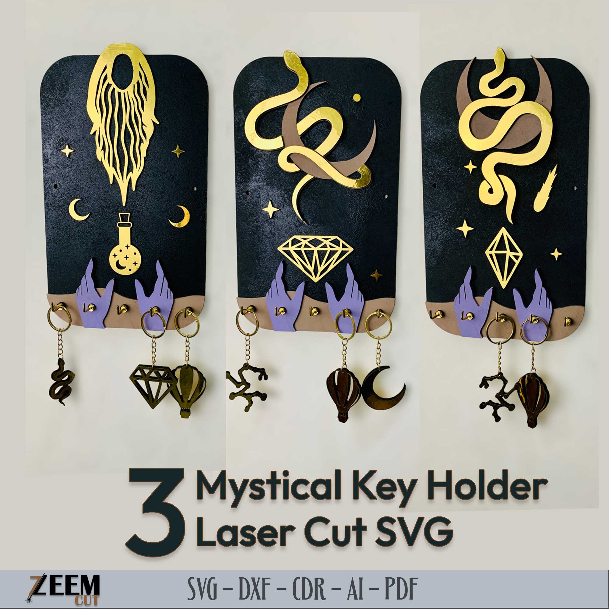 Set of 3 Mystical Key Holders Laser Cut Files & SVG Files Template (Set 1)