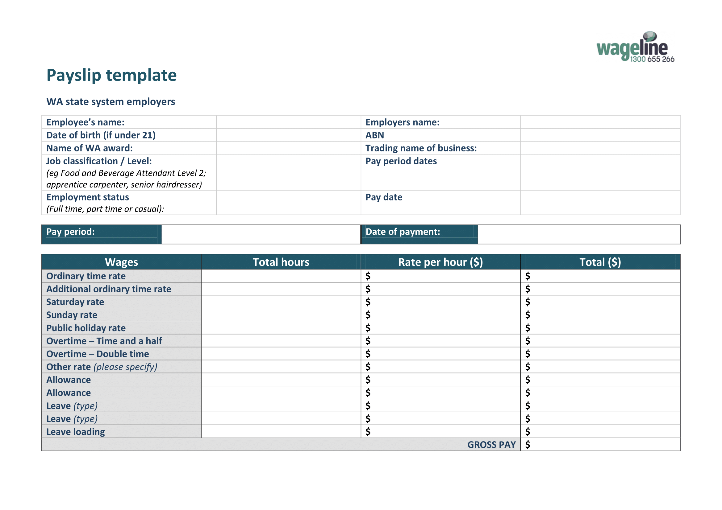 AUSTRALIA WAGELINE payslip template in Word and PDF formats - Payhip