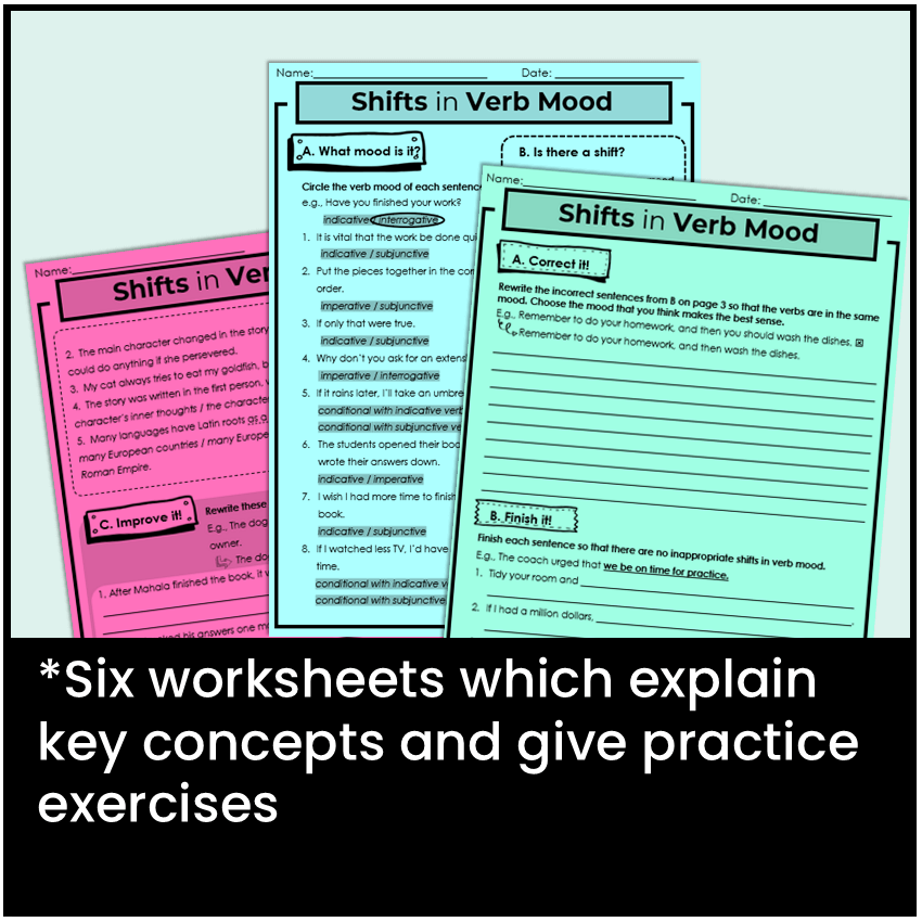 Shift in Verb Voice and Mood Digital Worksheets 7th, 8th, 9th, 10th ...