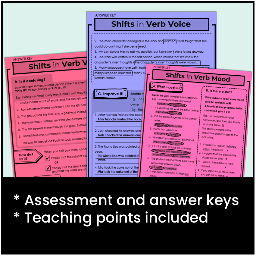 Shift in Verb Voice and Mood Digital Worksheets 7th, 8th, 9th, 10th ...
