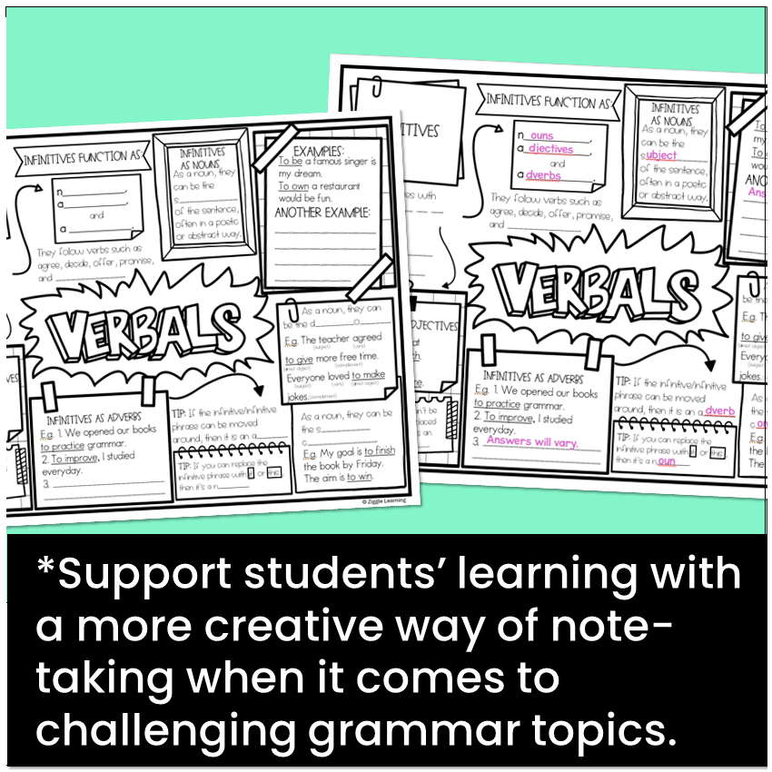 Function of Verbals Guided Notes Fun 8th Grade Grammar Activity