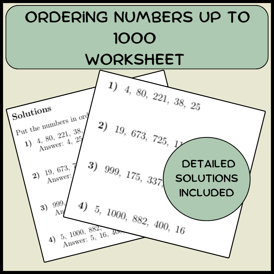 Ordering numbers up to 1000 worksheet (with solutions)