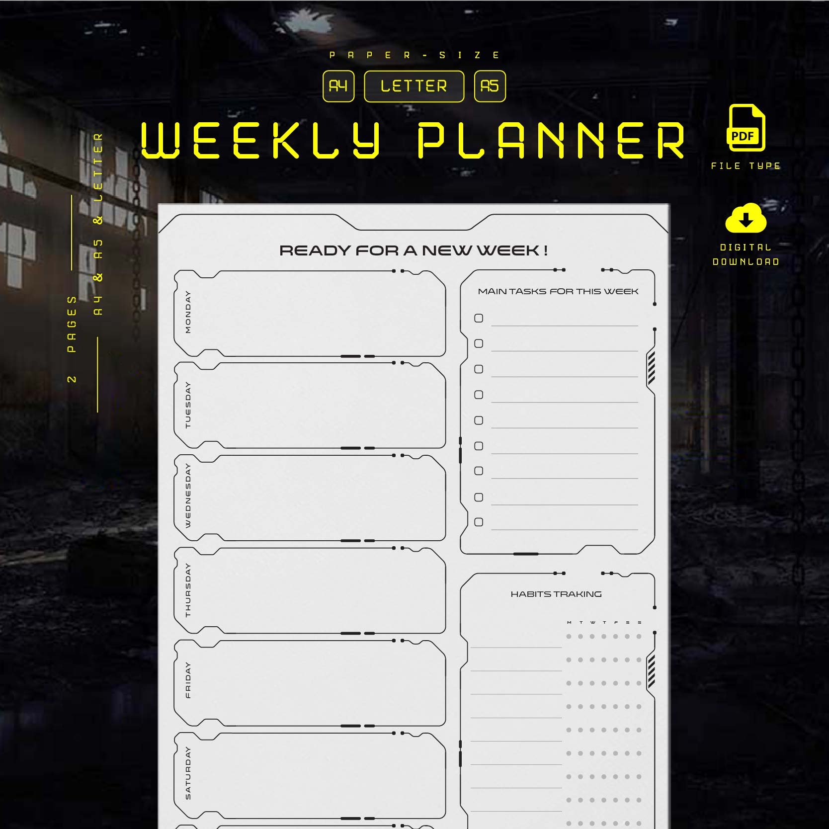 Cyberpunk Weekly Planner design A4, Letter, A5