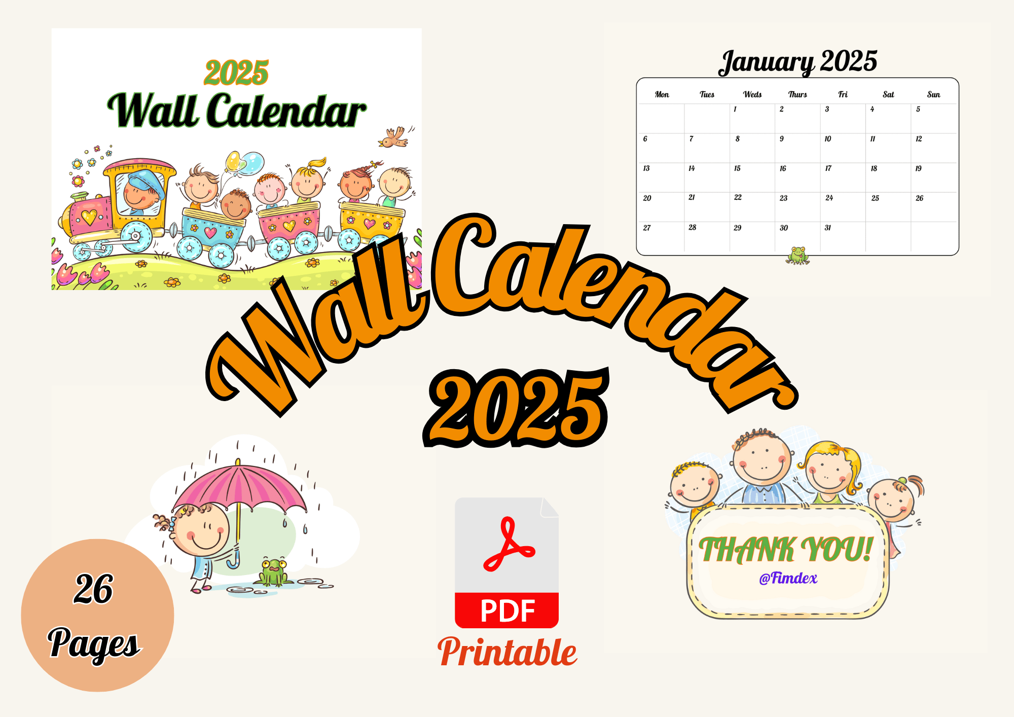 Fun Cartoon Kids 2025 Wall Calendar - Payhip