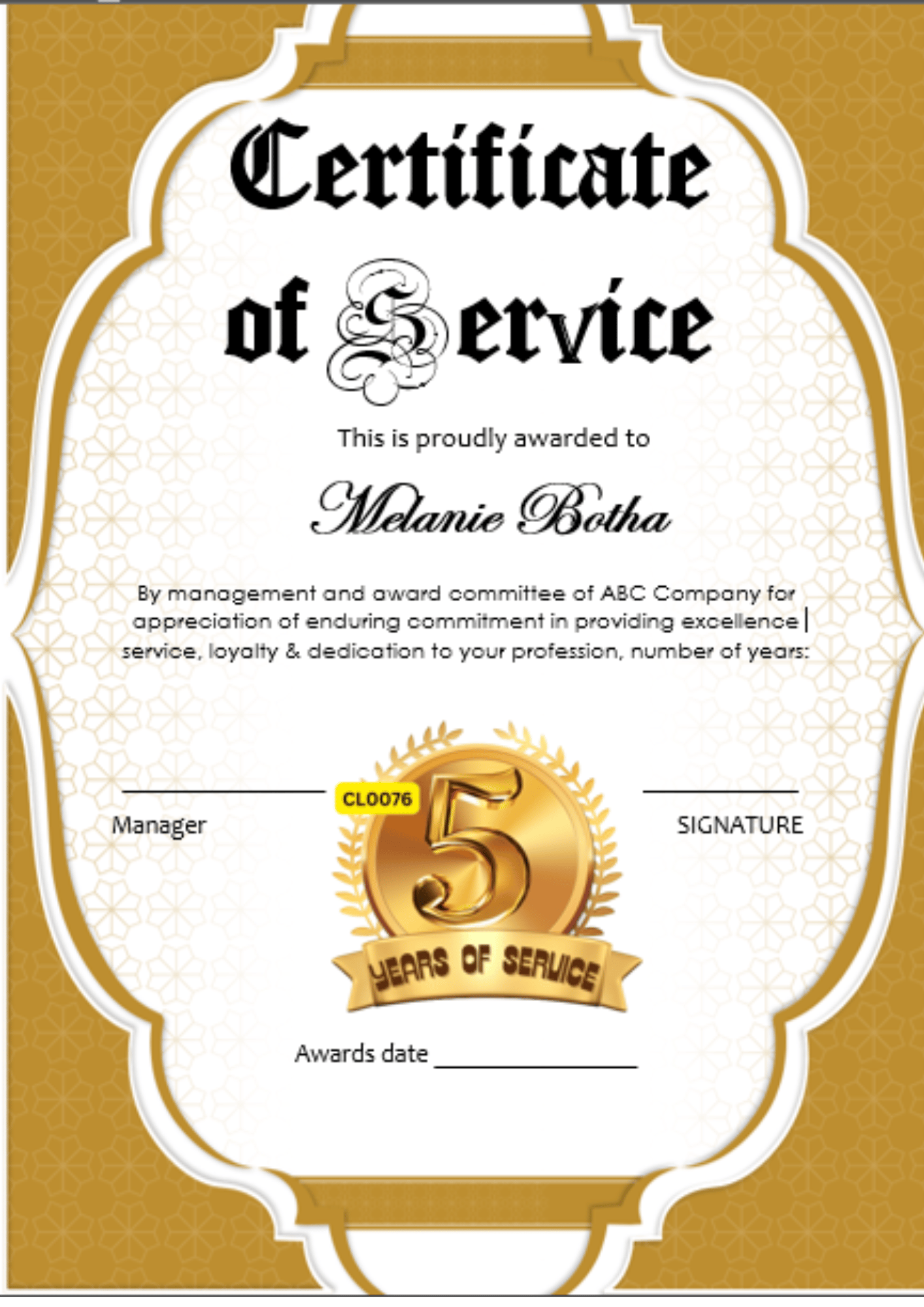 CT0088 | 5 Years service | Microsoft Word Template | Potrait with ...