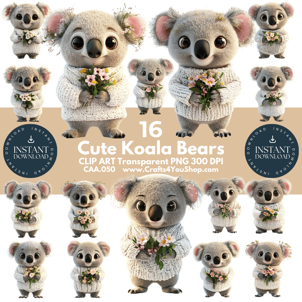Cute Australian Koala Bear Clip Art | 16 PNG Images | Instant Download