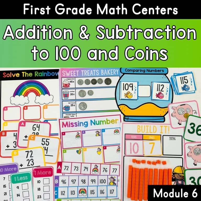 Add & Subtraction to 100 & Coins - First Grade Math Centers - Module 6