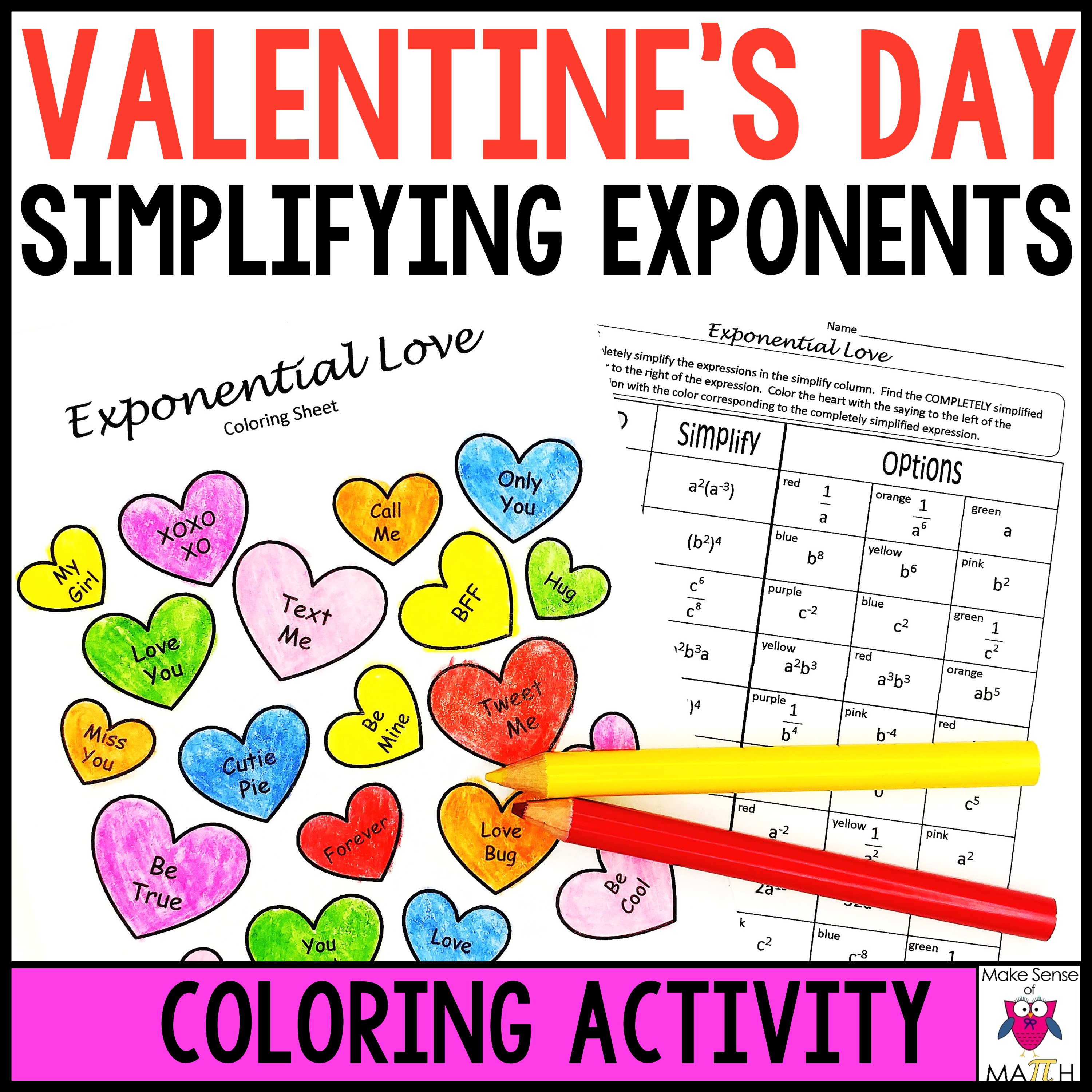 Valentine's Day Math Simplifying Exponents