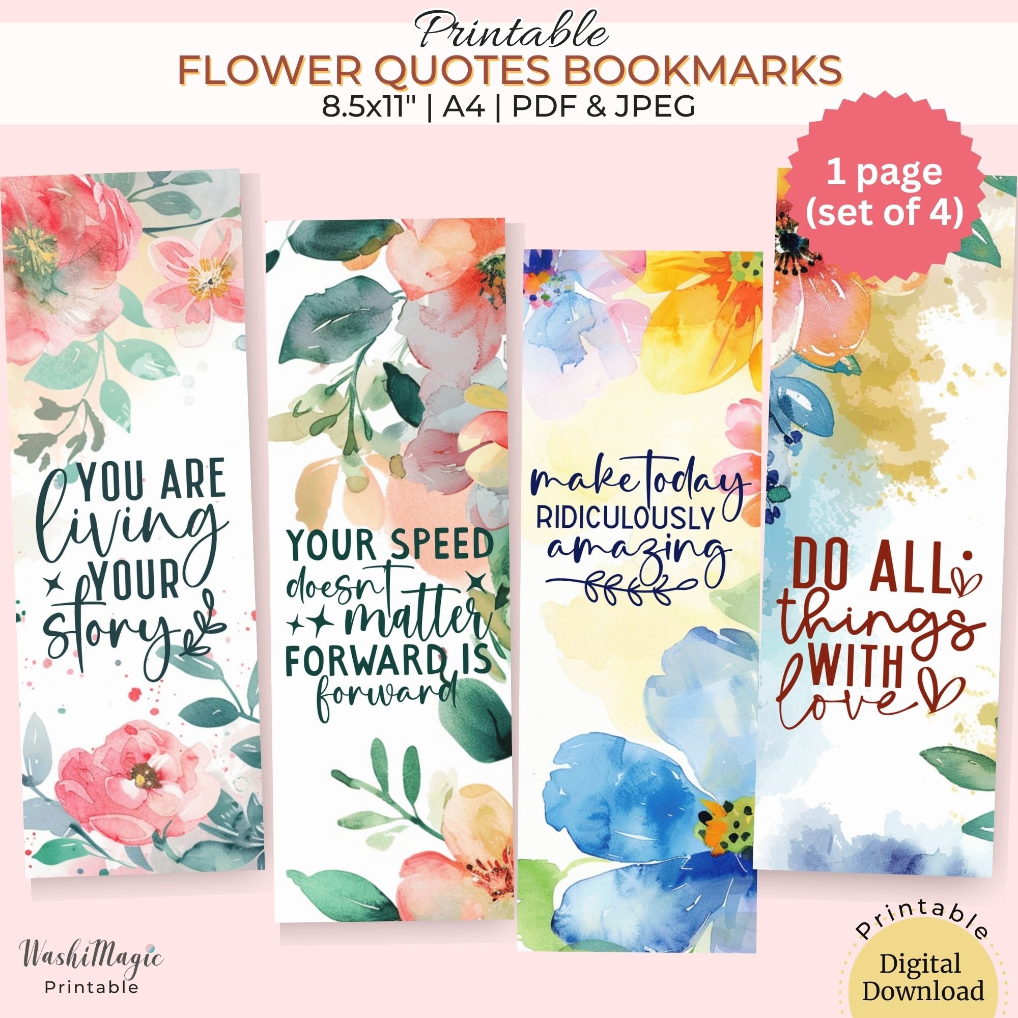 Printable Watercolor Flower Bookmark Set Uplifting Quotes, Self-Care ...