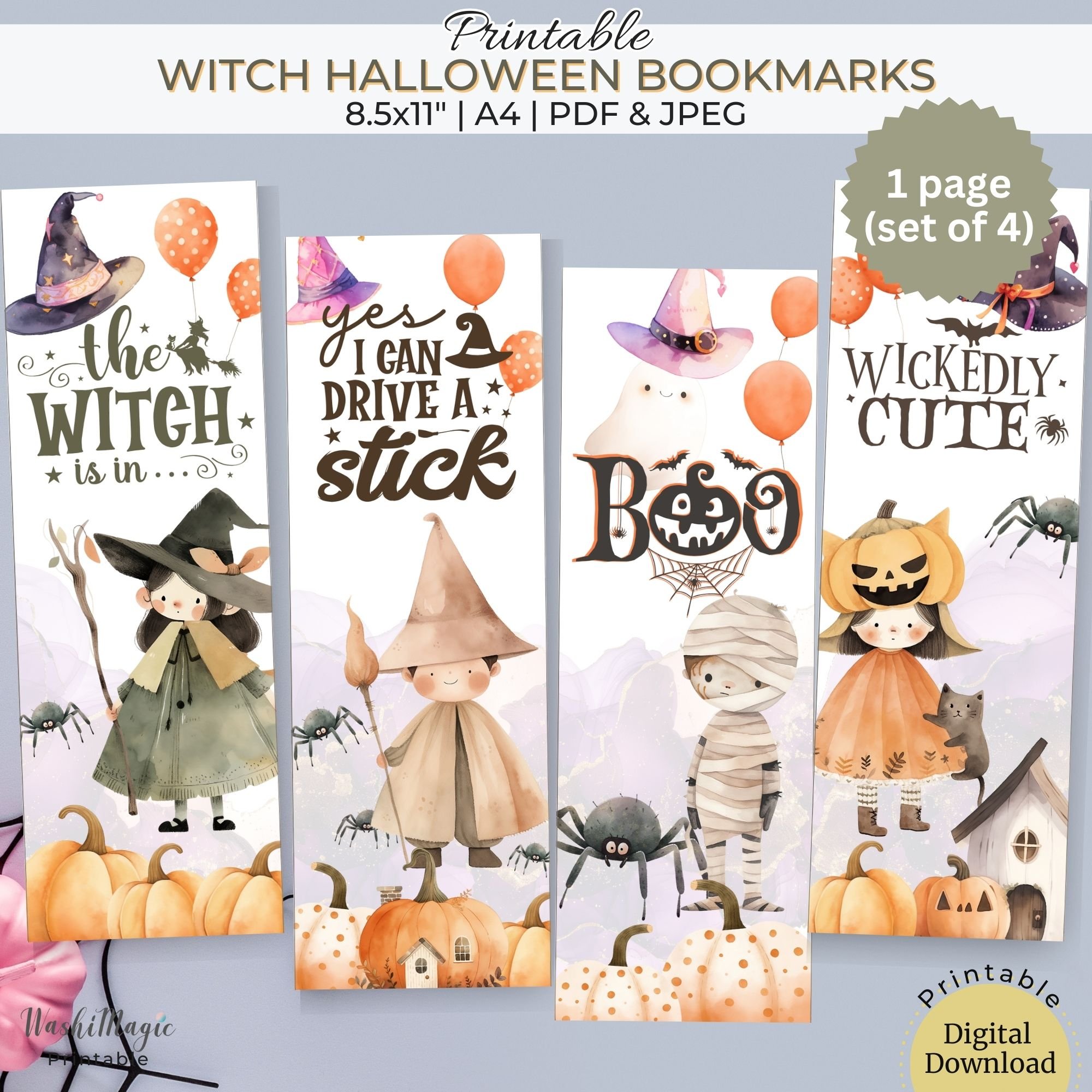 Cute Halloween Witch Printable Bookmark Set, Adorable Witchy Printable ...
